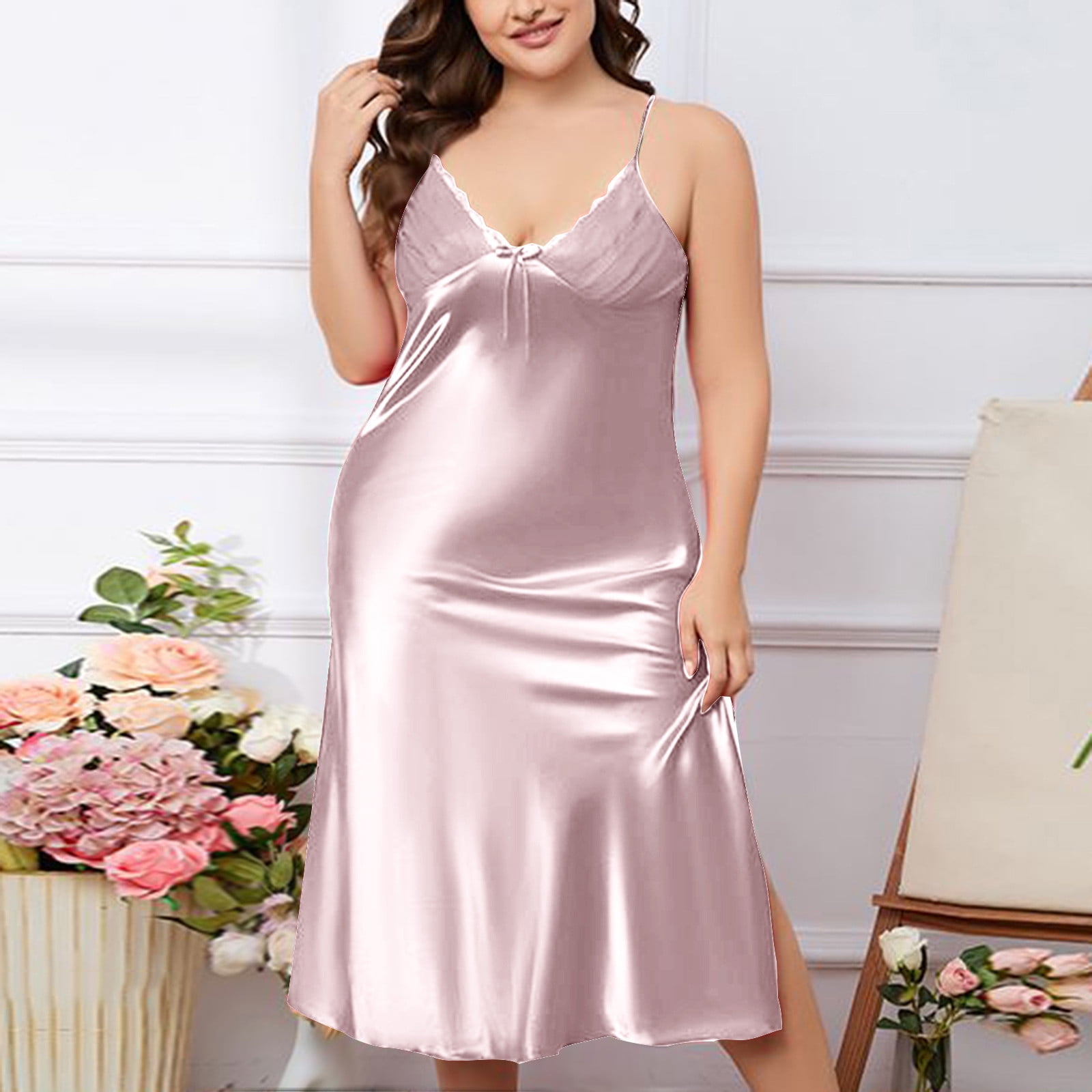 Nrmvnmi Plus Size Women Satin Babydoll Nightgown Chemises Lace Modal Sleepwear V-Neck Full Slip ...