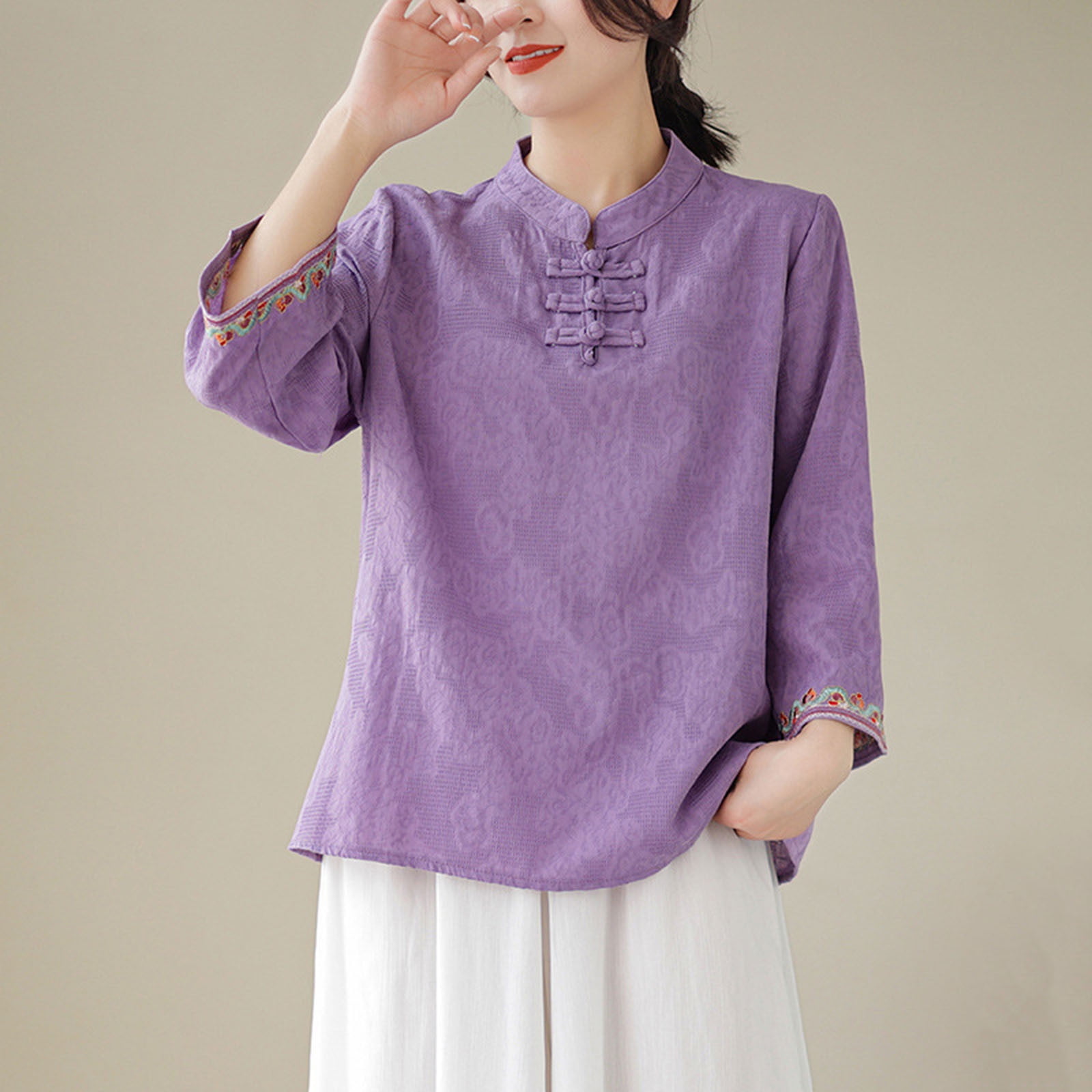 Nrmvnmi Women Summer Solid Color 3/4 Sleeve Chinese Blouse Top Traditional Mandarin Collar ...