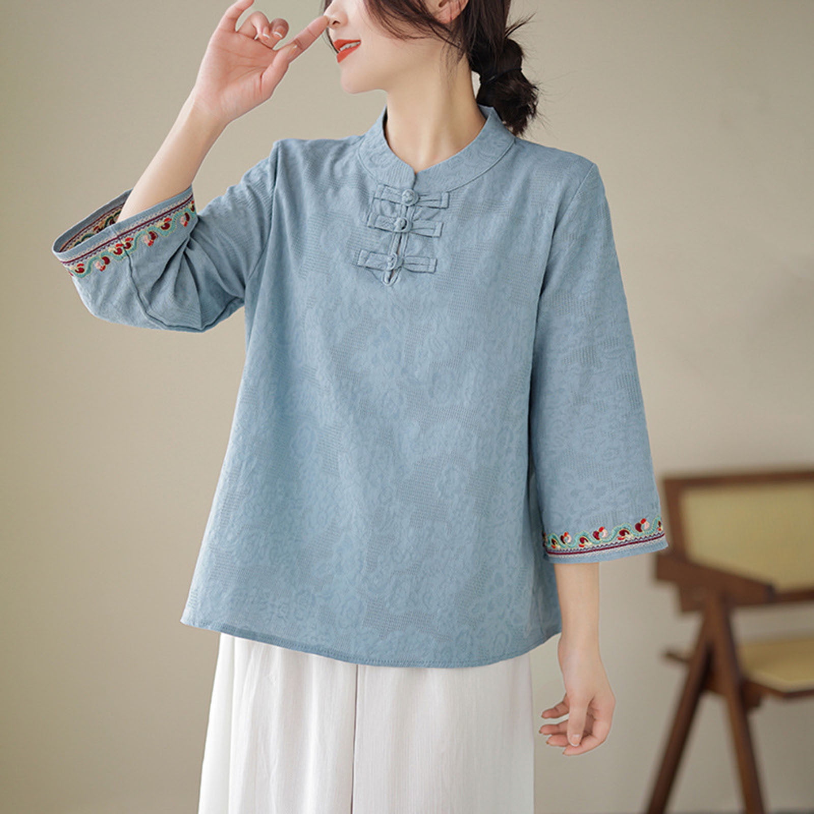 Nrmvnmi Women Summer Solid Color 3/4 Sleeve Chinese Blouse Top ...