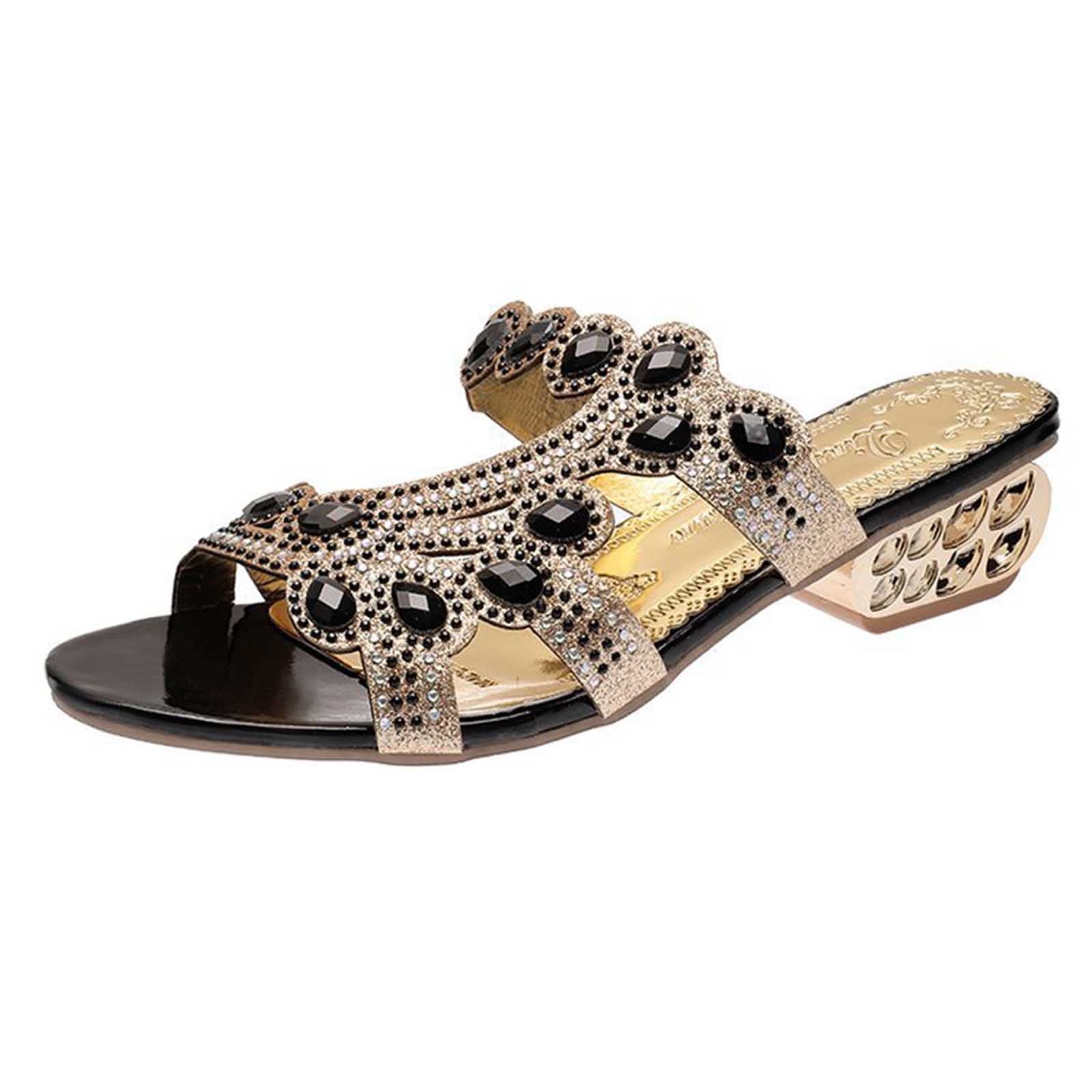 Nrmvnmi Women's Low Heels Slides Open Toe Summer Rhinestone One Line ...