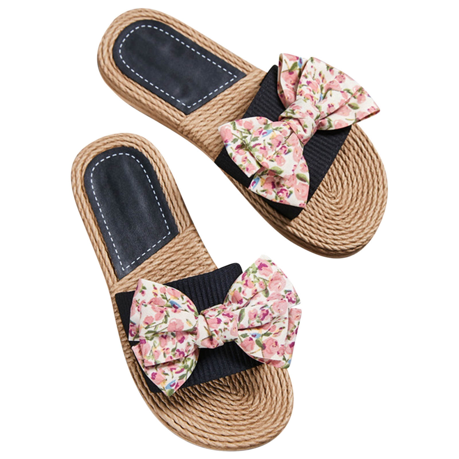 Nrmvnmi Women's Slippers Open Toe Flip-Flops Linen Bow Flat Sandals ...