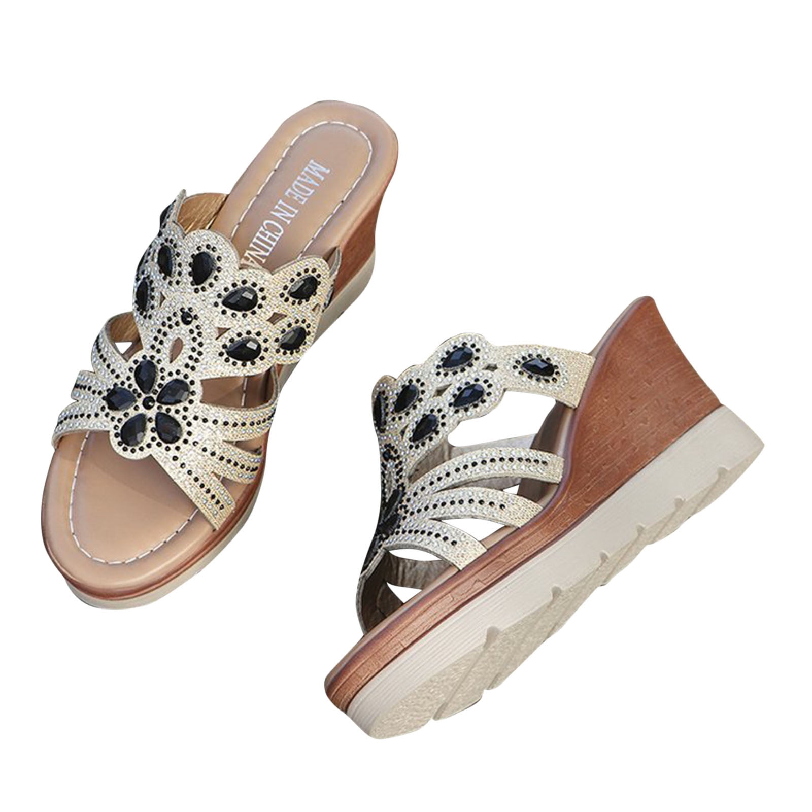 Nrmvnmi Women's Wedge Slipper Open Toe Summer Rhinestone Retro Casual ...