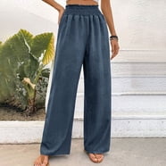 Mumubreal Women's High Waist Drawstring Linen Pants, Wide Leg Palazzo ...
