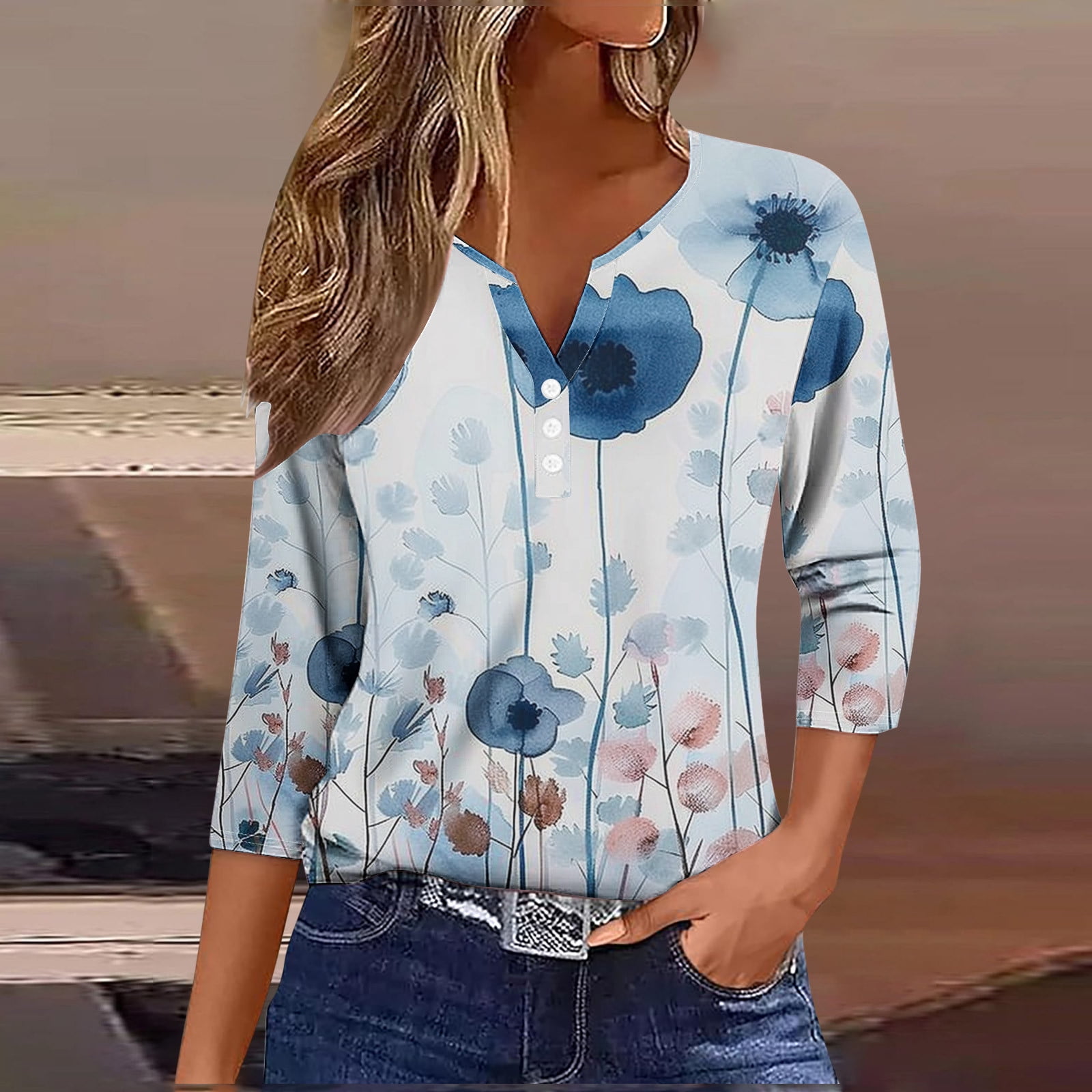 Nrmvnmi Womens Floral Prints Blouses & Button-Down Shirts 3/4 Sleeve ...