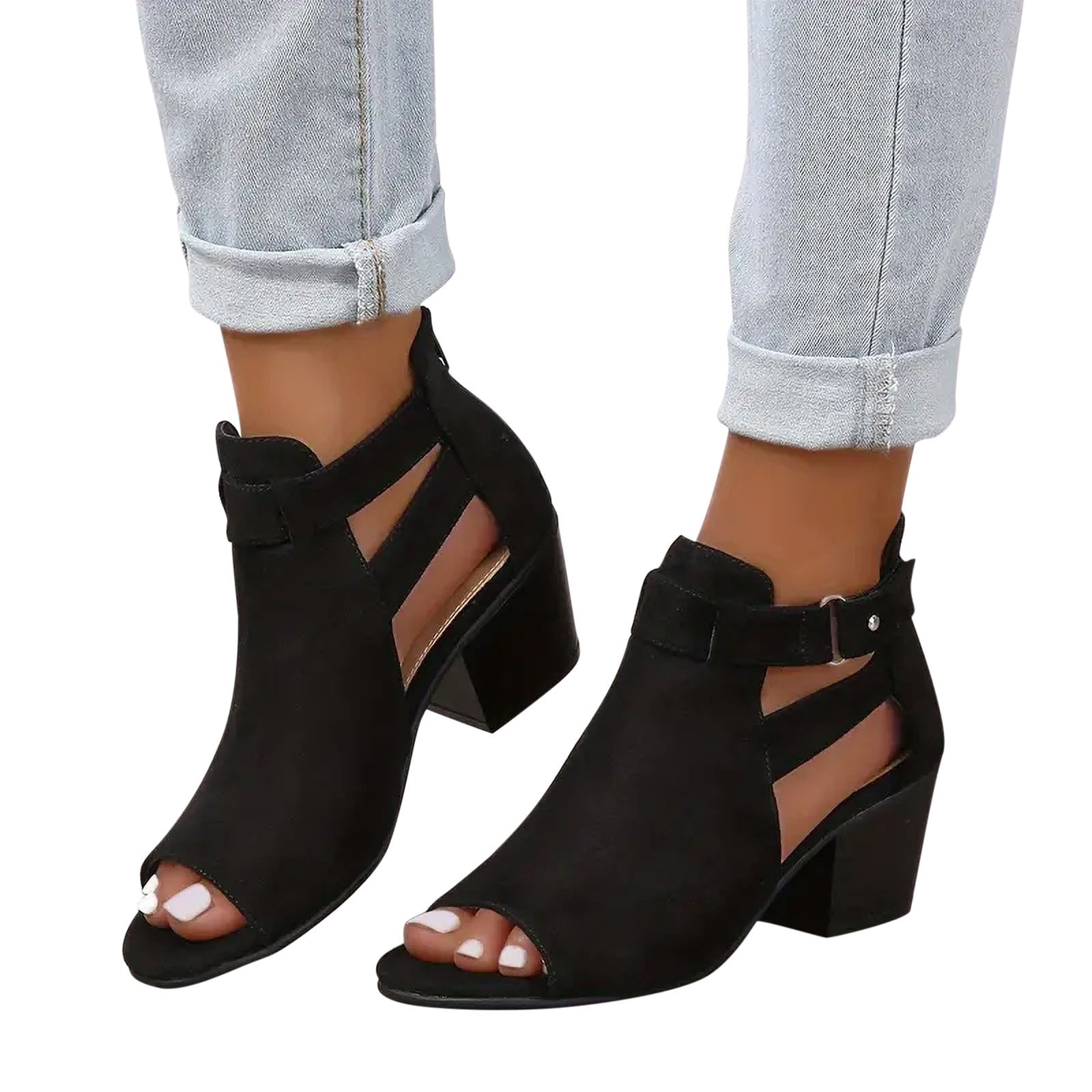 Nrmvnmi Womens Summer Peep Toe Stacked Heels Sandals Open Toe Cut-Out ...