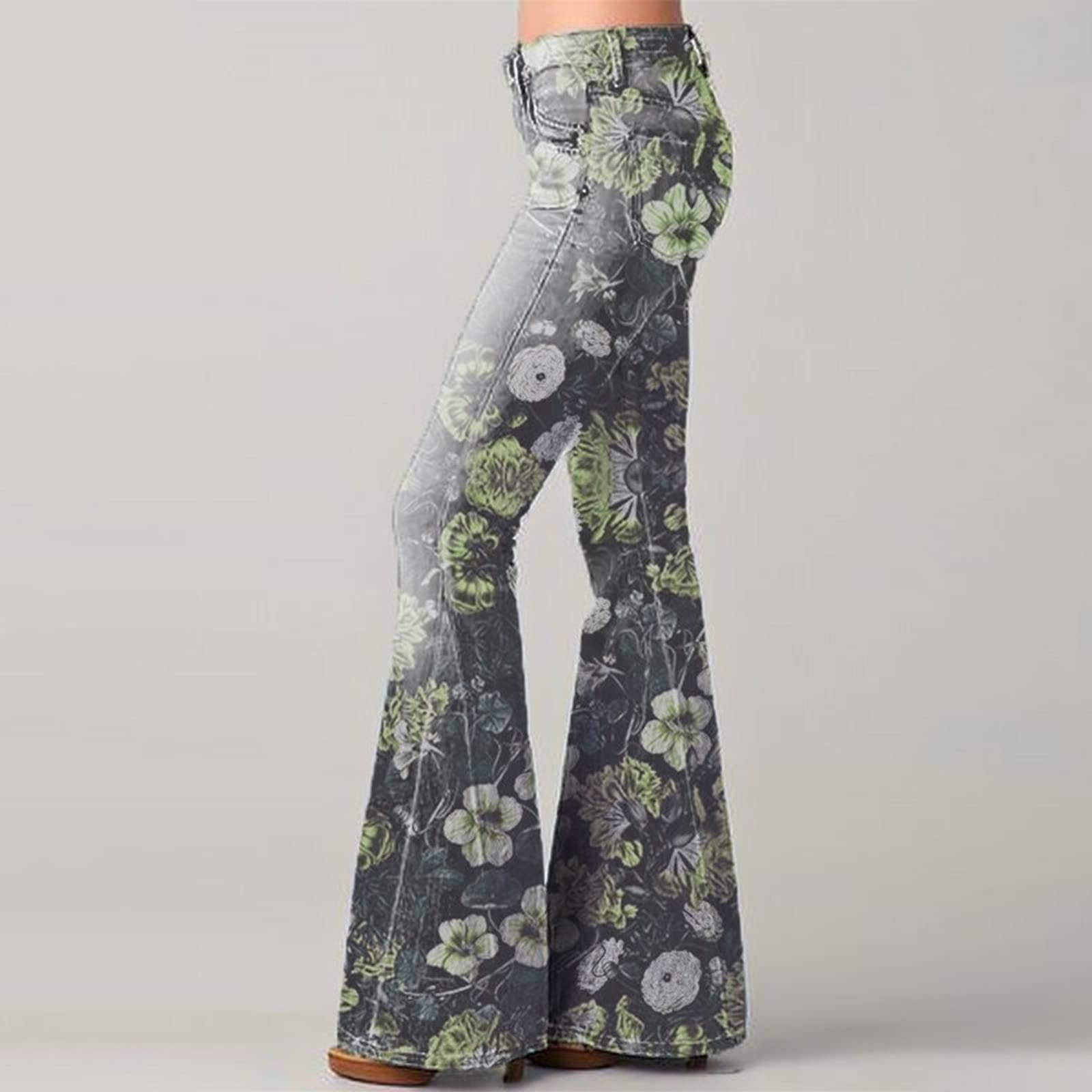 Nrmvnmi Womens Vintage Floral Print Flare Denim Pants Bell Bottom Jeans ...