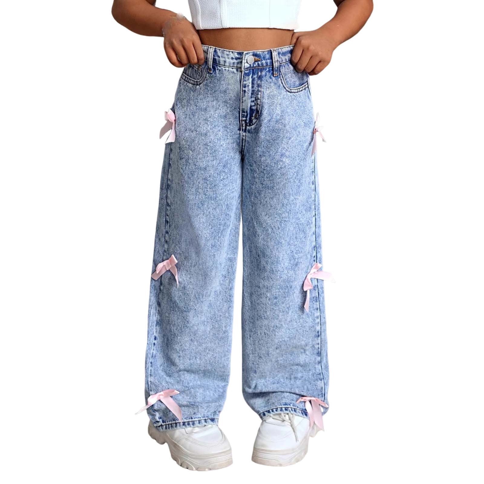 Nskgu Girls Jeans Wide Straight Leg Elastic Waist Baggy Denim Pants ...