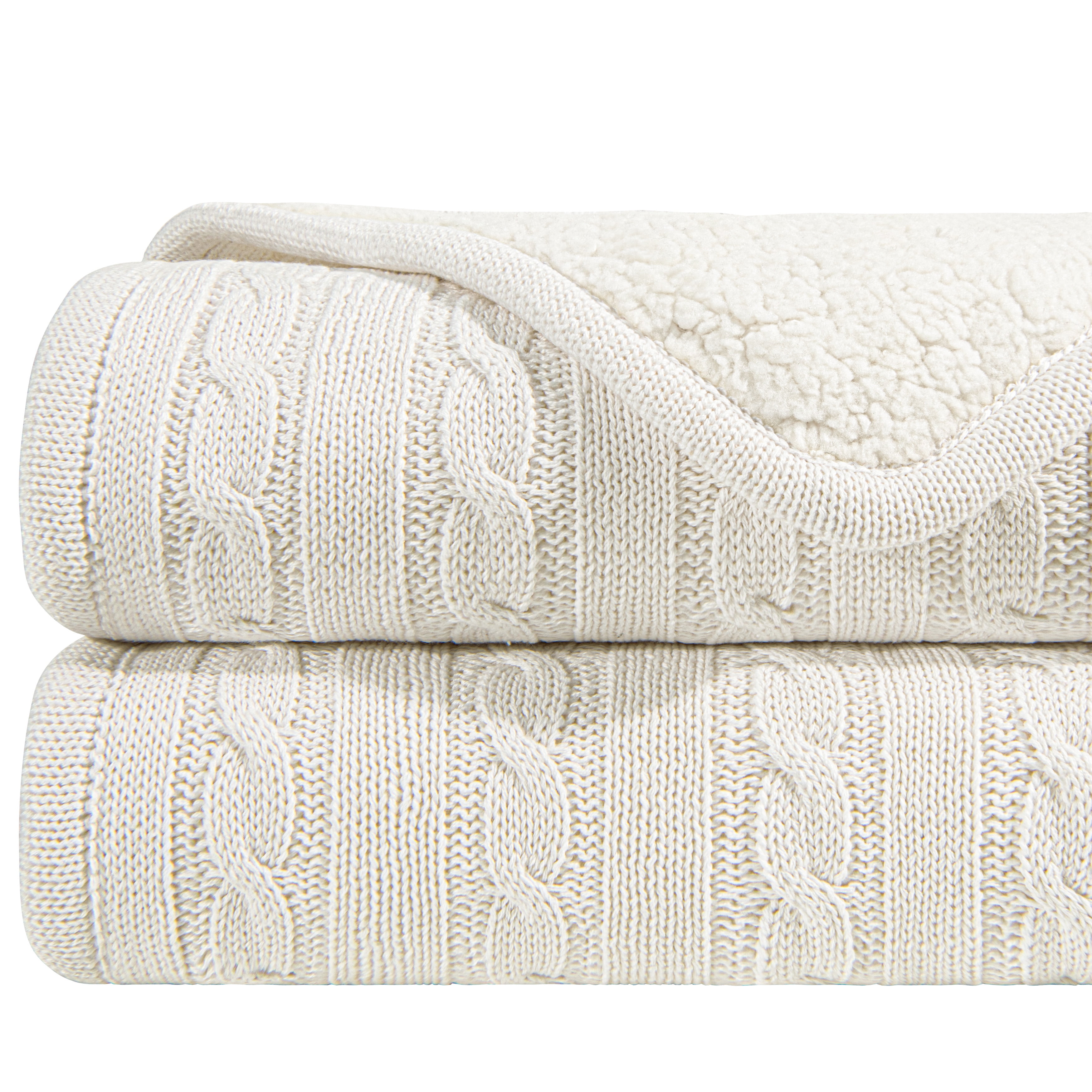 Ntbay Cotton Cable Knit Sherpa Throw Blanket for Couch, Soft Warm ...