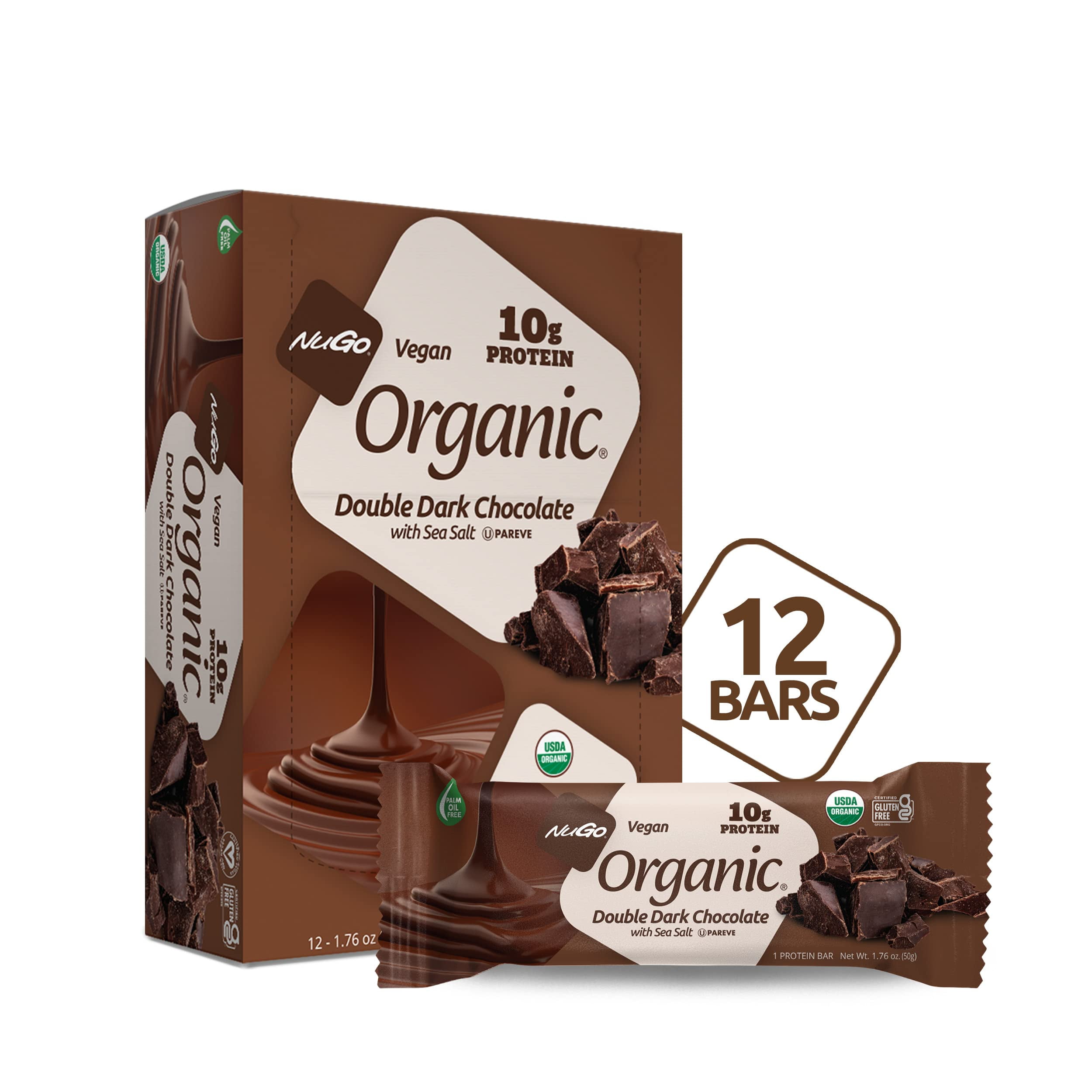 NuGo Organic Double Dark YPF5 Chocolate with Sea Salt, 10 Protein Bar ...