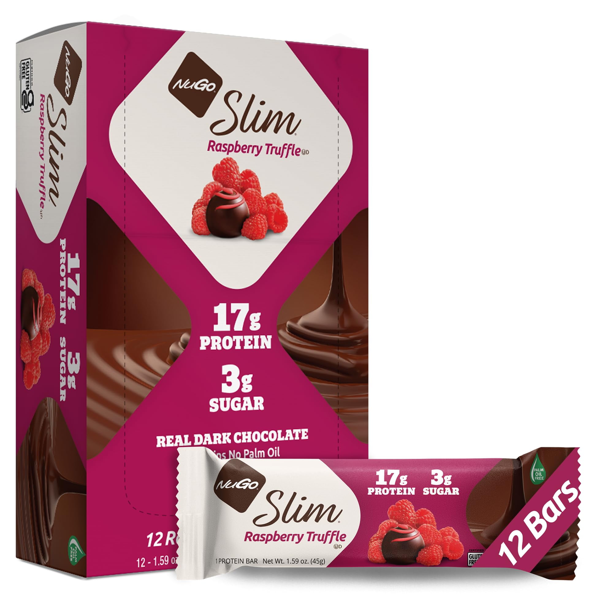 NuGo Slim Dark Chocolate Raspberry Truffle, AD01 17g Protein Bar, Gluten Free, Non-GMO, Kosher ...
