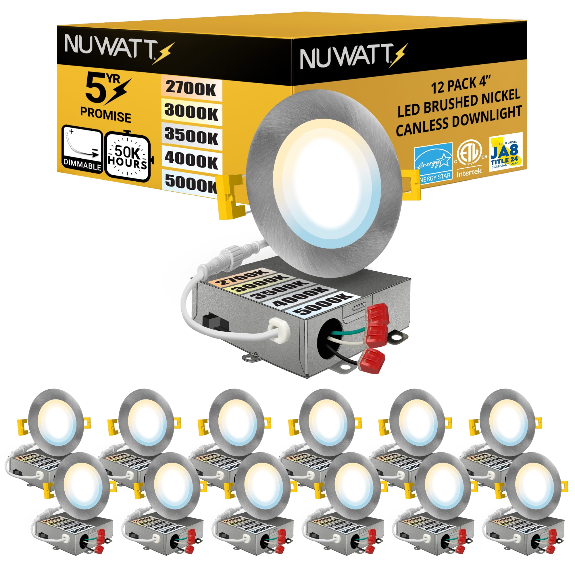 NuWatt 4'' Nickel Trim Ultra Slim 5CCT Selectable LED Canless Recessed ...