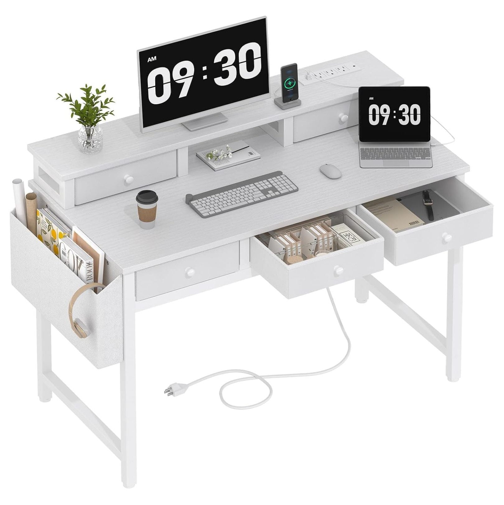 Nuandong Home White Computer Desk with Fabric Drawers for Home Office ...