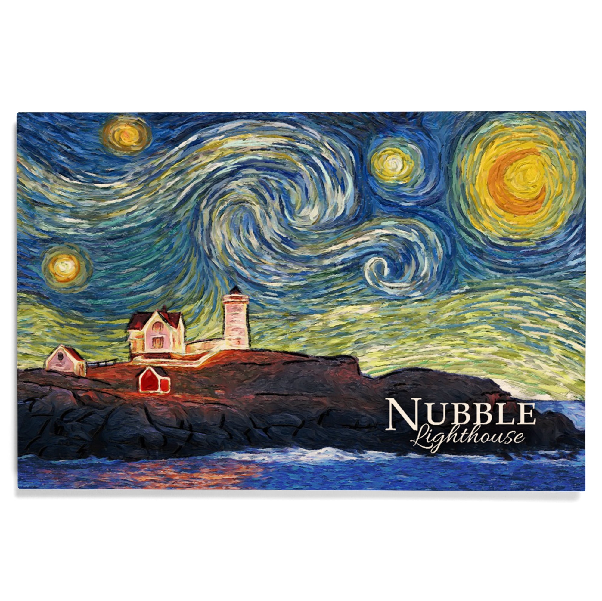 Nubble Lighthouse, Maine, Starry Night Birch Wood Wall Sign (12x18 ...