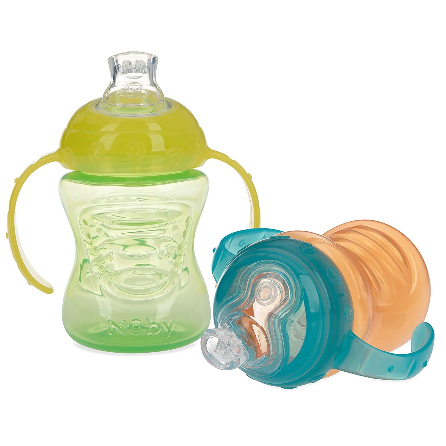 Nuby 2 Count 2 Handle Cup with No Spill Super Spout, Green/Orange ...