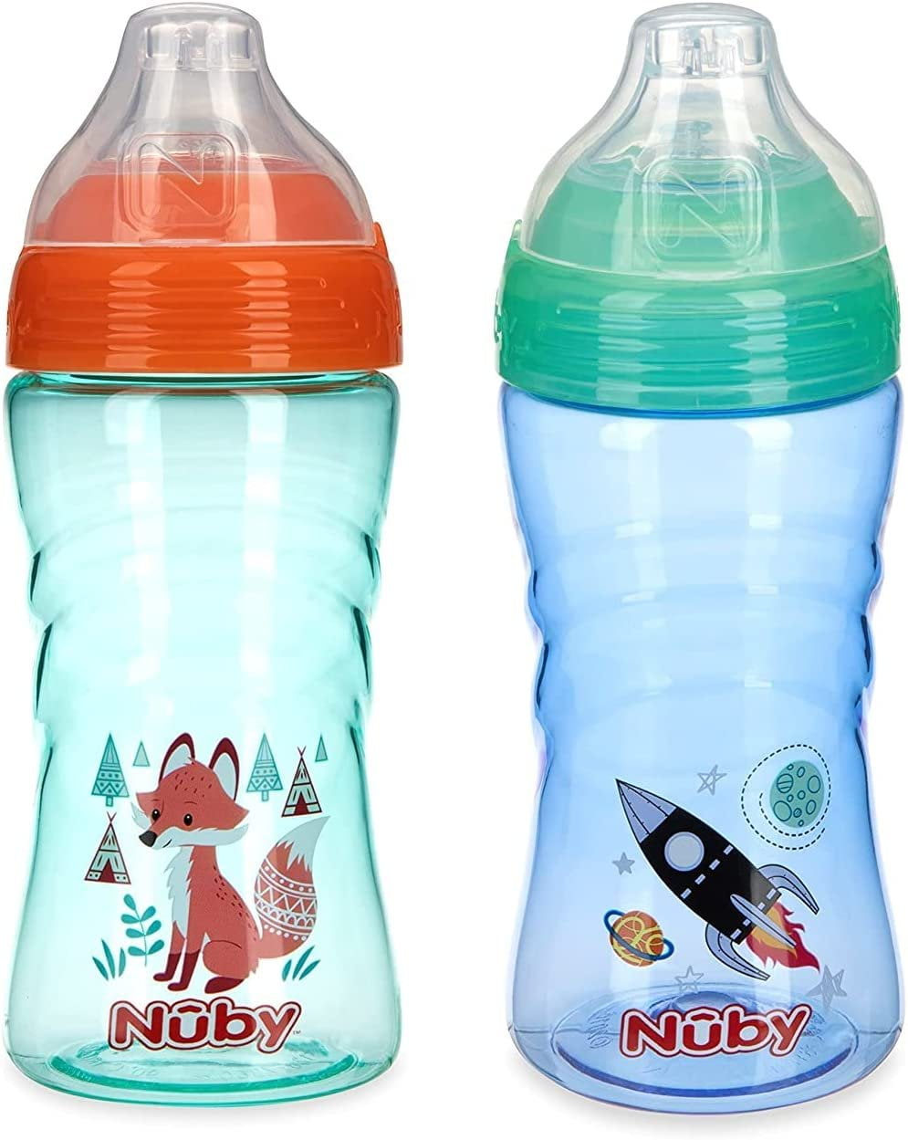 Nuby 2 Pack No-Spill Flip Sippy Straw Top Toddler Sport Cup, Soft Spout, Lid, 12oz, 12+ Months ...