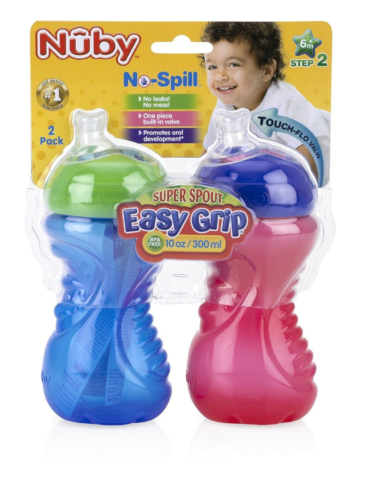 Nuby 2-Pack No-Spill Super Spout Easy Grip Cup, 10 Ounce, 6 Months ...