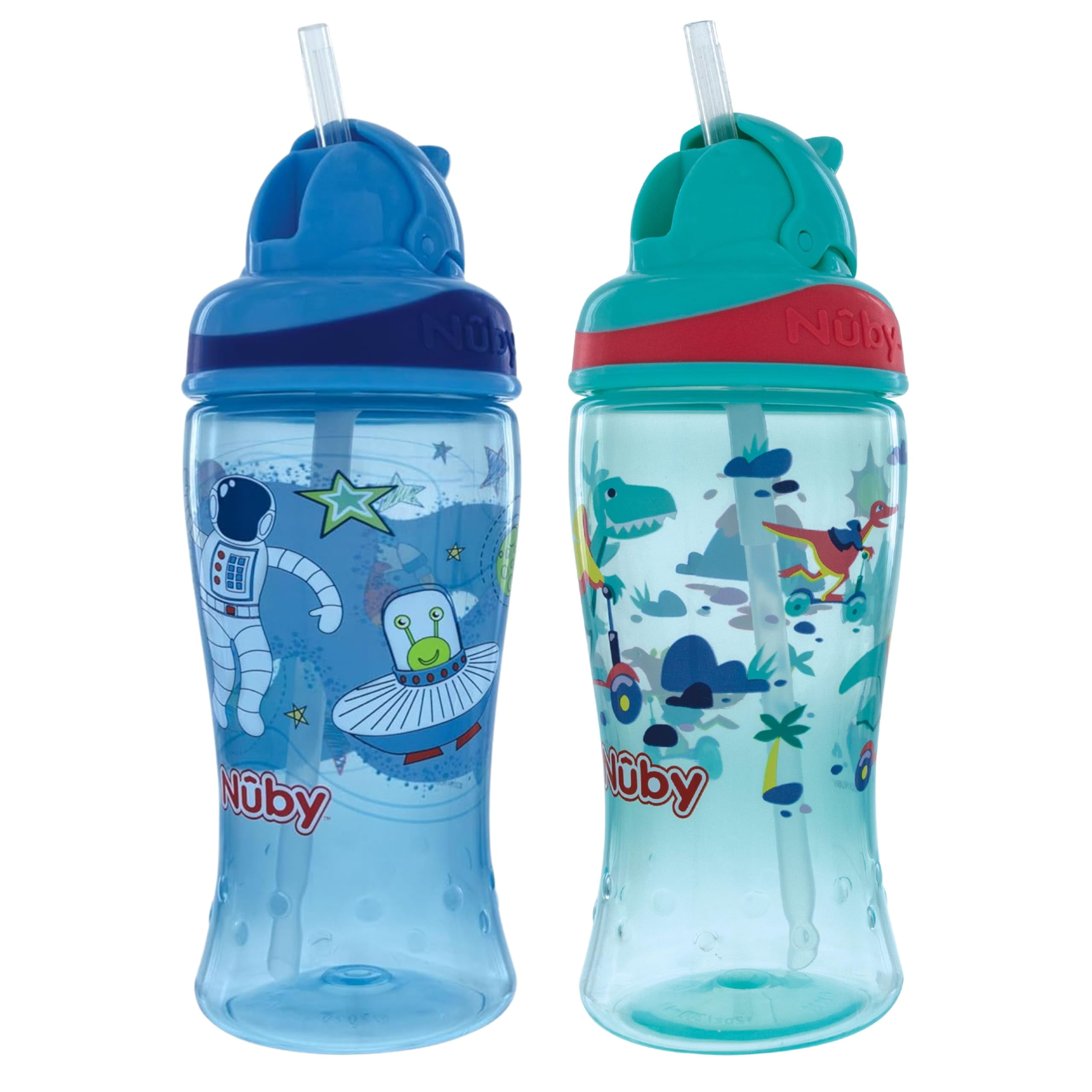 Nuby 2-Pack Thirsty Kids No-Spill Flip-it Printed Boost Cup with Thin Soft Straw - 12oz, 18 ...