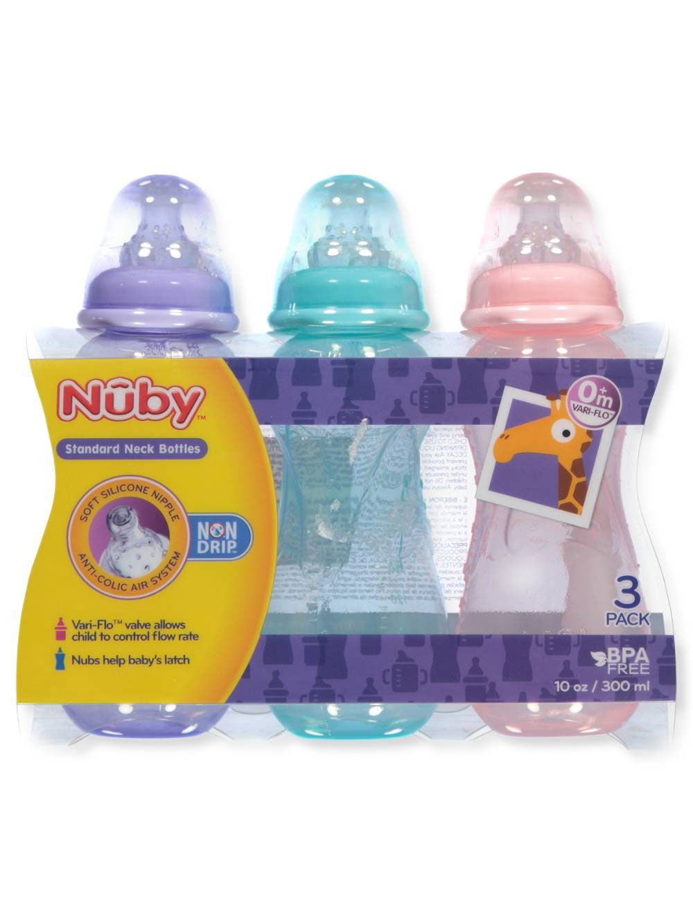 Nuby Infant Baby Non-Drip No-Spill 3-Pack Bottles (10 oz.) in Purple ...