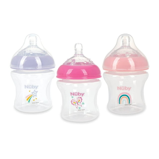 Nuby 3-Pack Infant Feeding Bottles with Slow Flow Breast Size Silicone Nipple: 0+ Months, 6oz, 3 ...