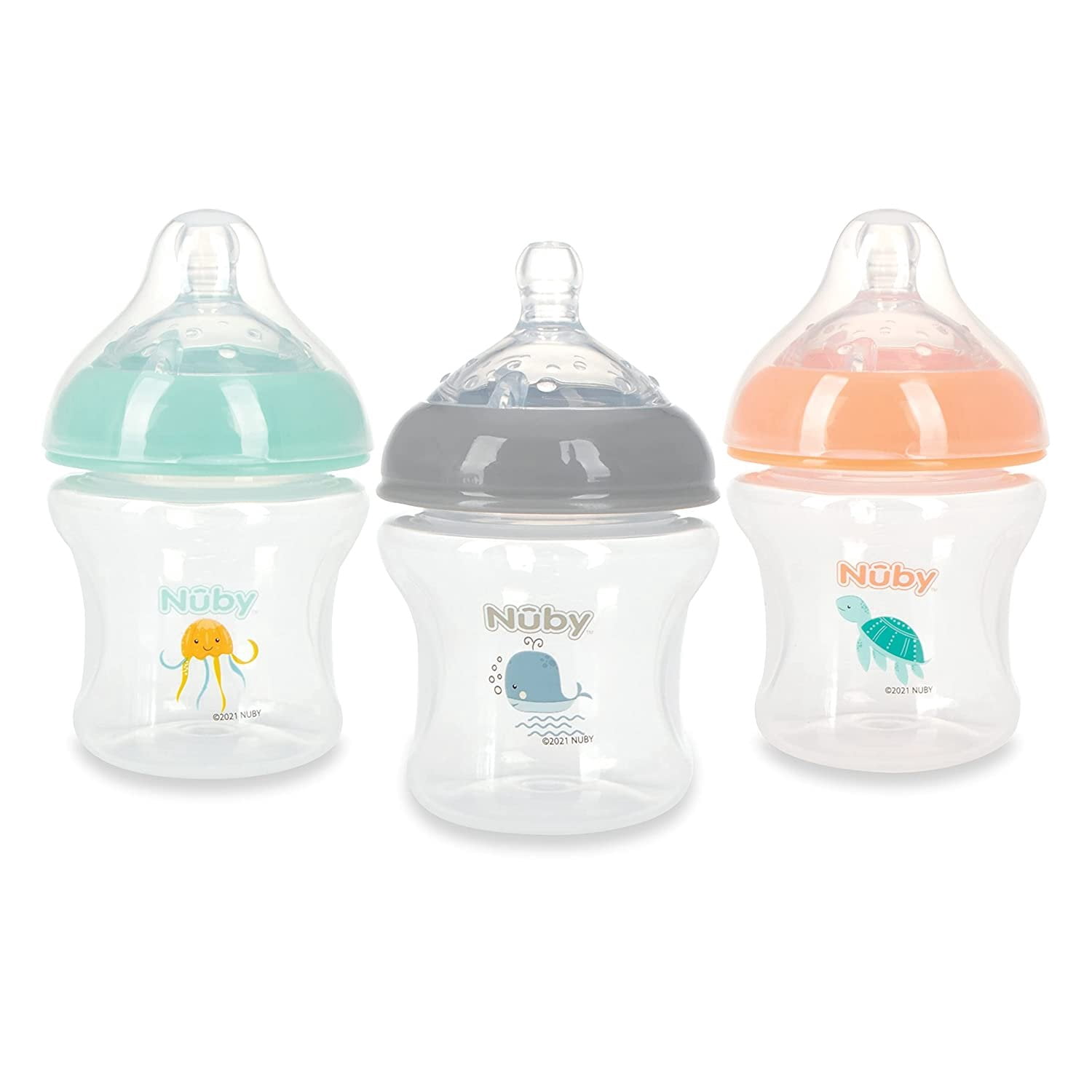 Nuby 6 oz Jellyfish & Whale & Turtle Bottles with Slow Flow Silicone ...