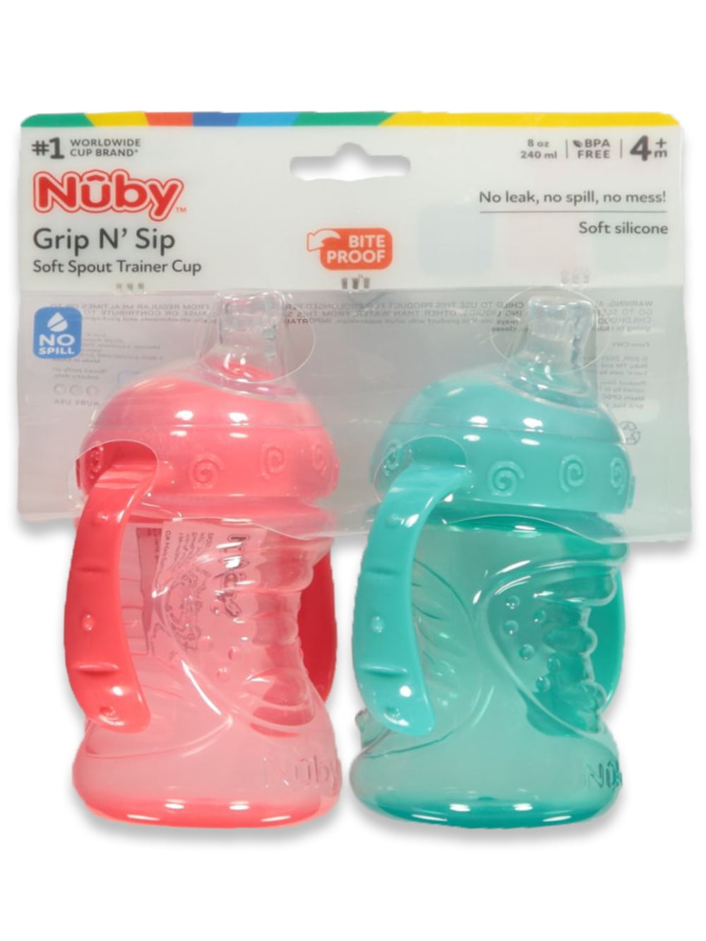 Nuby Baby 2-Pack Grip N Sip Bite-Proof Trainer Cup - red/aqua, one size - Walmart.com