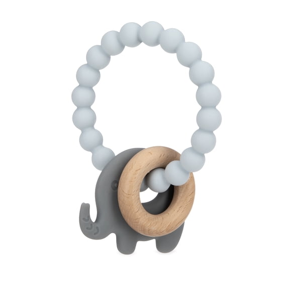 Nuby Baby Teether, Silicone Key-Ring Design, Wooden Hoop, Elephant ...