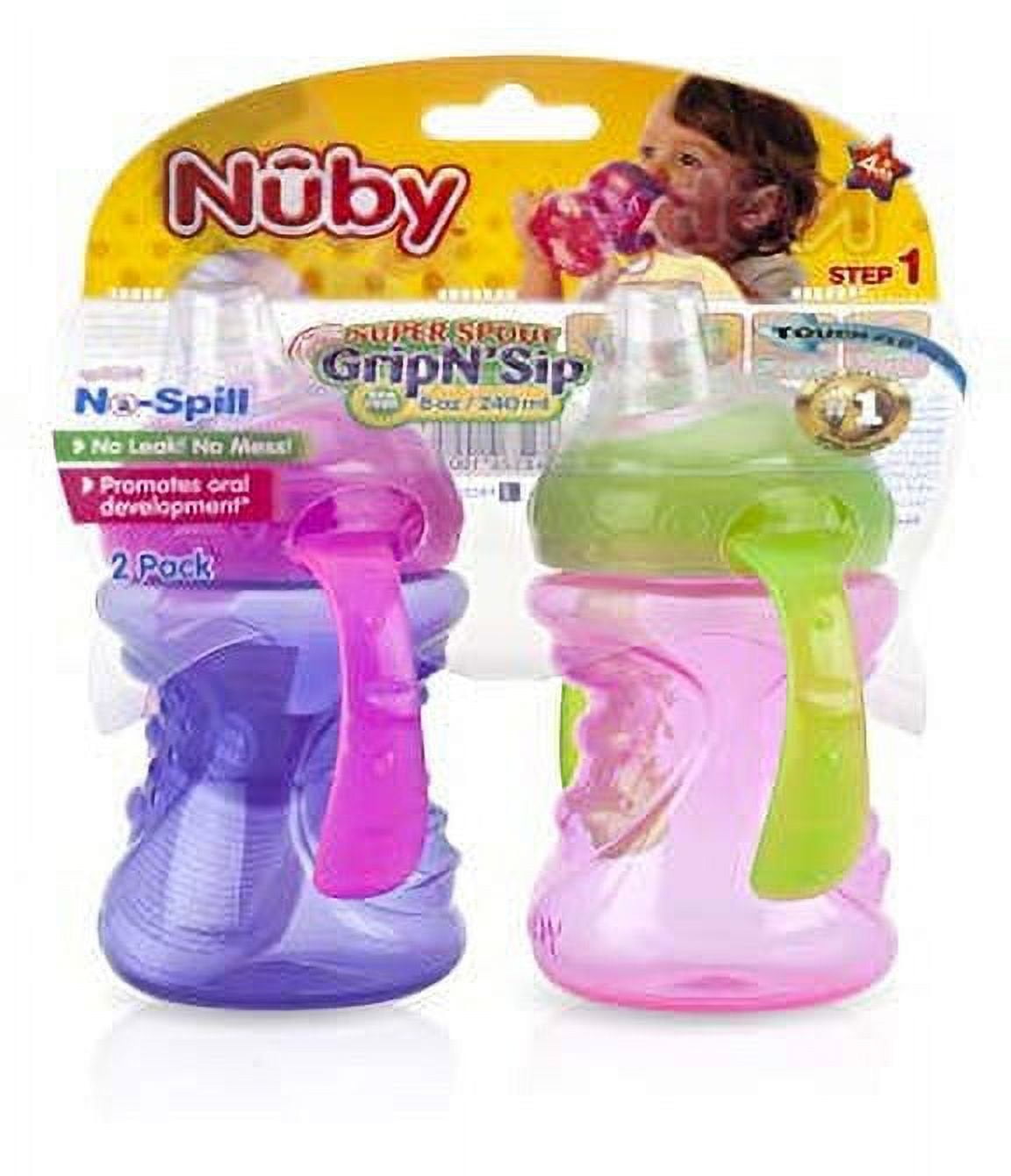 Nuby Two-Handle No-Spill Super Spout Grip N' Sip Cup, 8 Ounce, Colors May Vary (2 Pack) (Bundle ...