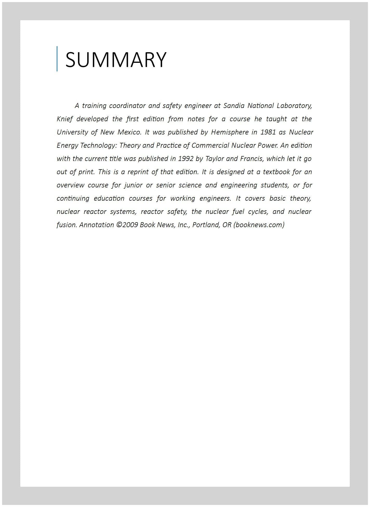 Nuclear Engineering Theory and Technology of Commercial Nuclear Power ...