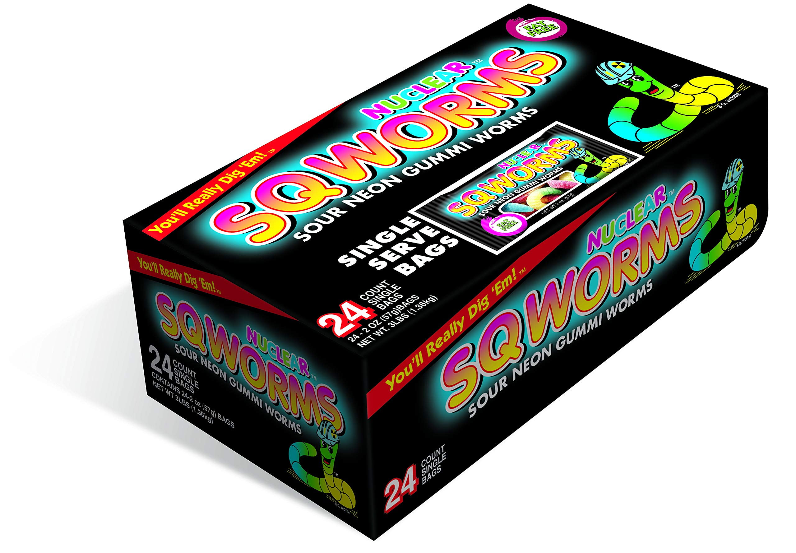 Nuclear Sqworms Sour Neon VTF5 Gummi Worms, Gummy Candy Snacks, Bulk ...