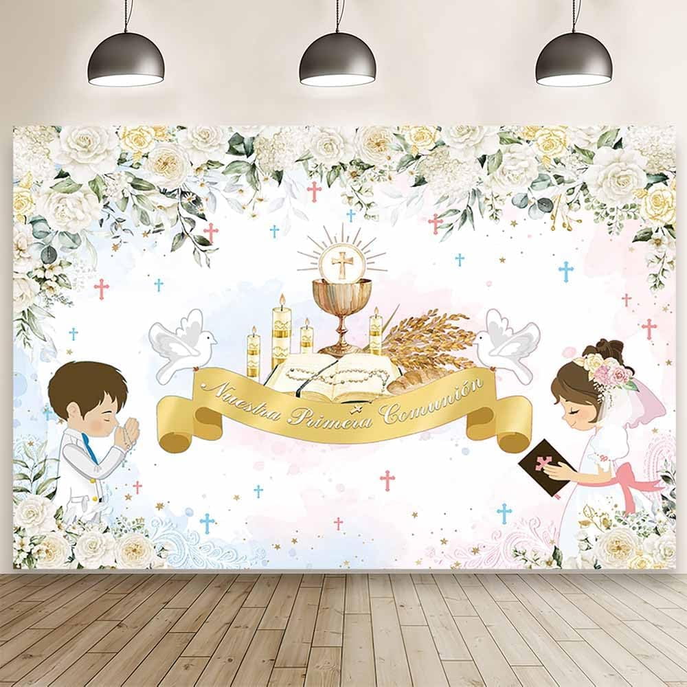 Nuestra Primera Comunión Backdrop Pastel Floral First Holy Communion Photography Background ...