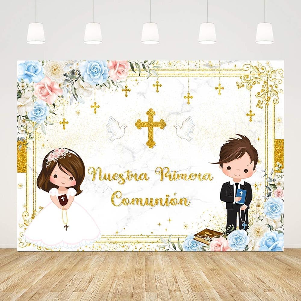 Nuestra Primera Comunion Backdrop for Twins Baptism God Bless First ...