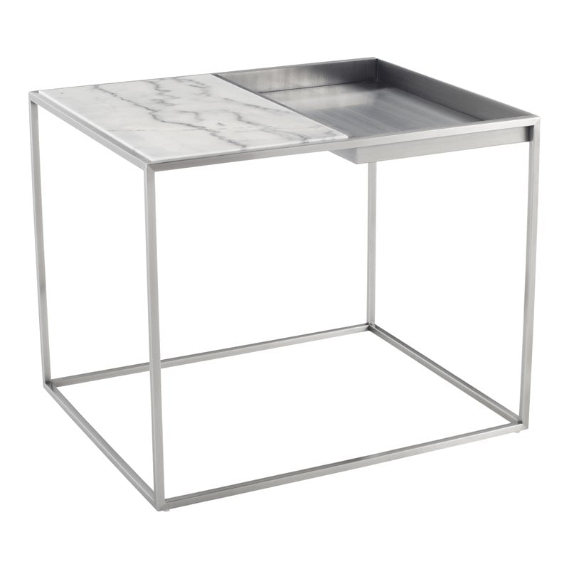 Nuevo Corbett Marble Stone & Metal Side Table in Polished White/Brushed ...