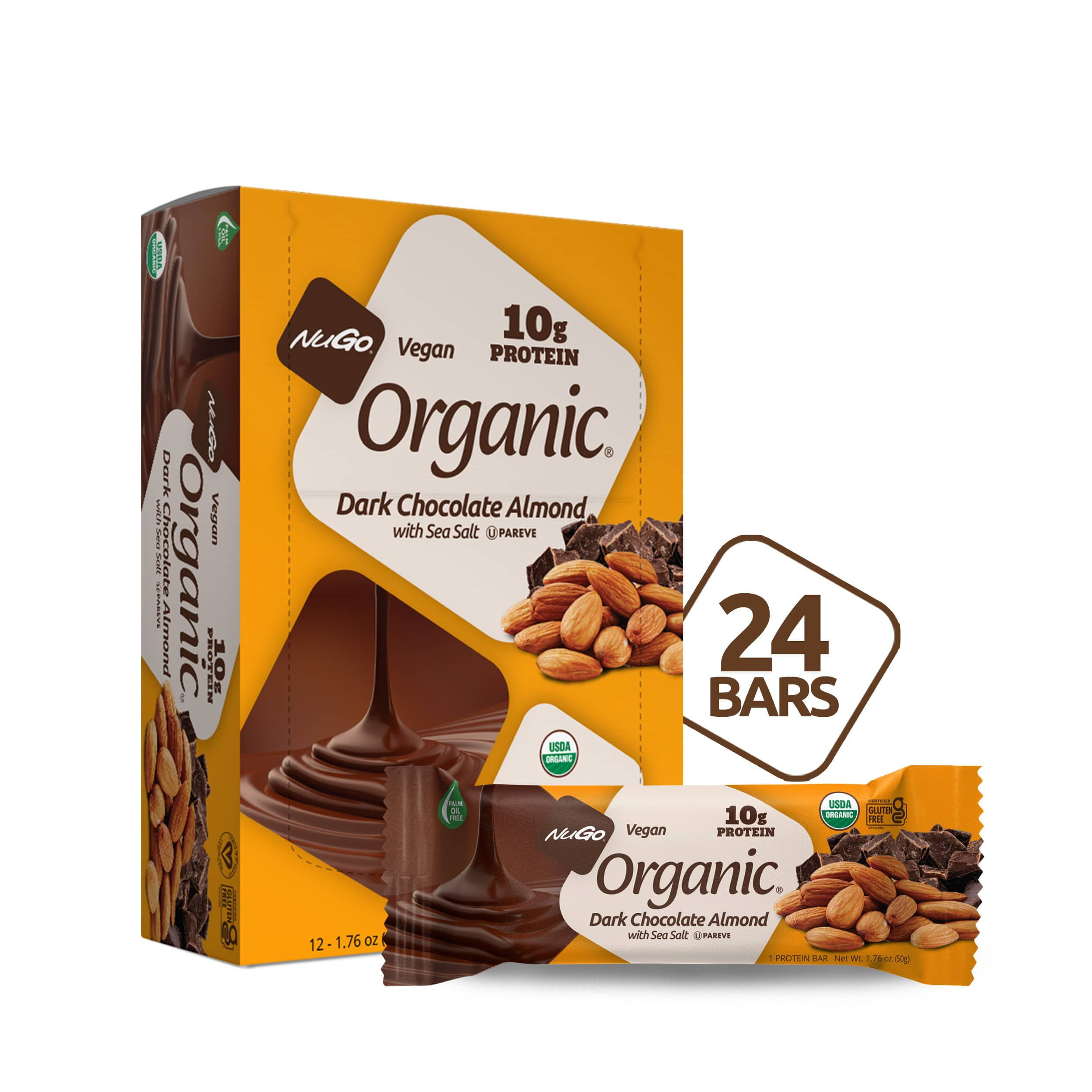 Nugo Organic Dark Chocolate Almond, 10g Vegan Protein, Gluten Free, 24 ...