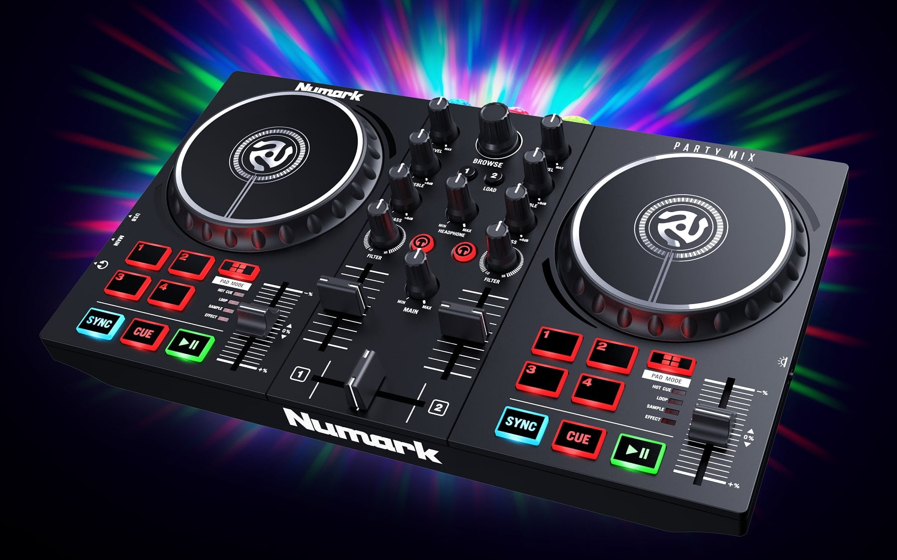 Numark Party Mix II DJ Controller with Serato, Light Show, 2-Band EQ ...