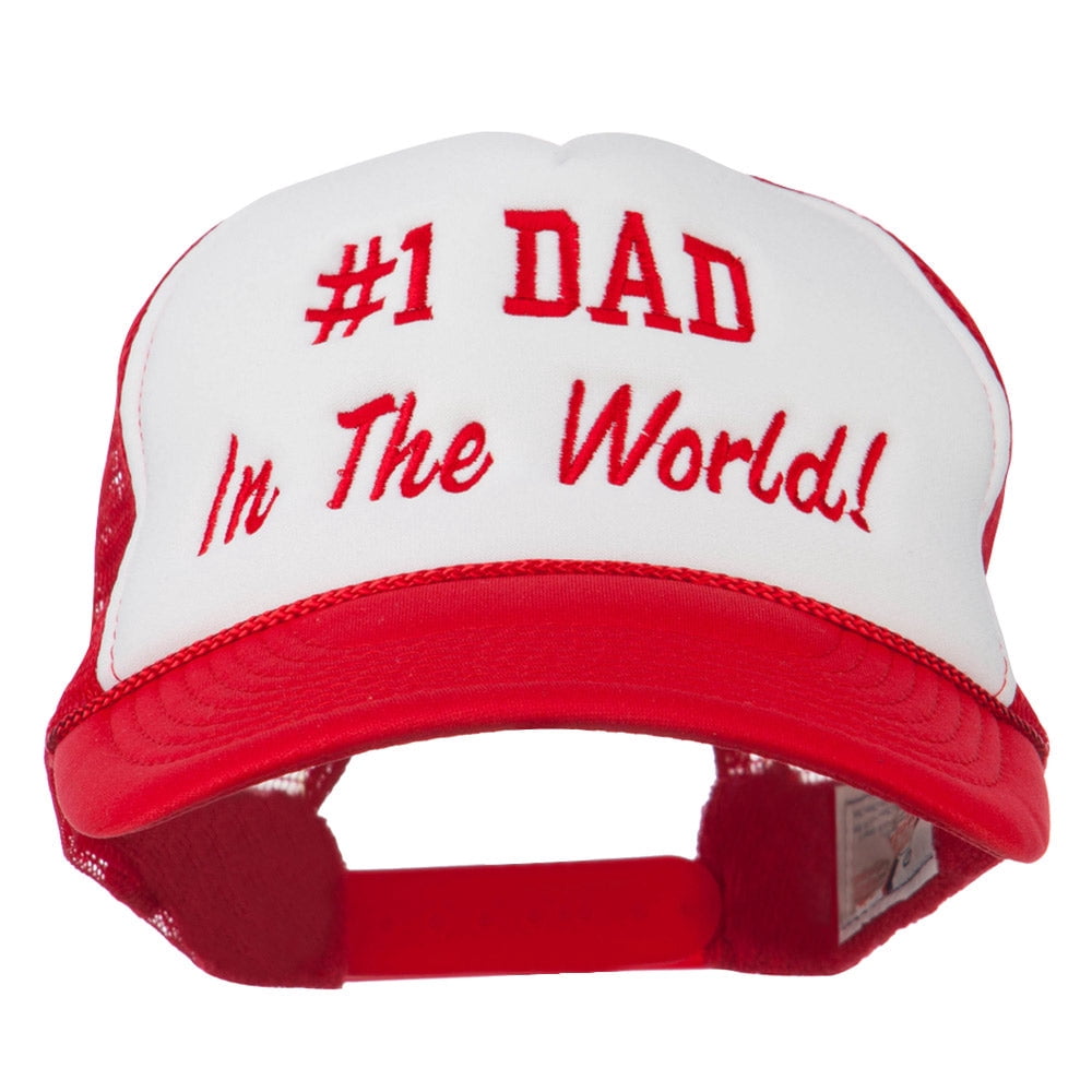 Number 1 Dad In The World Embroidered Foam Mesh Back Cap - Red White ...