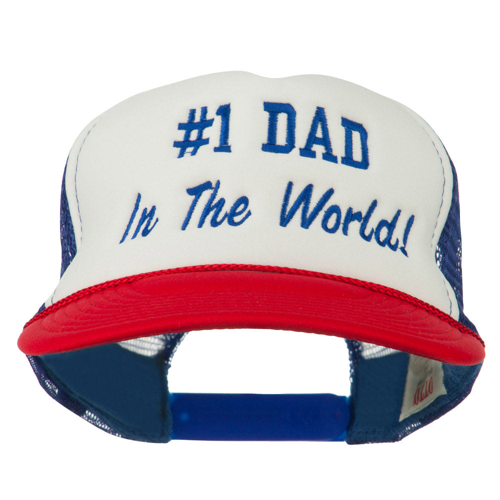 Number 1 Dad In The World Embroidered Foam Mesh Back Cap - Red White ...