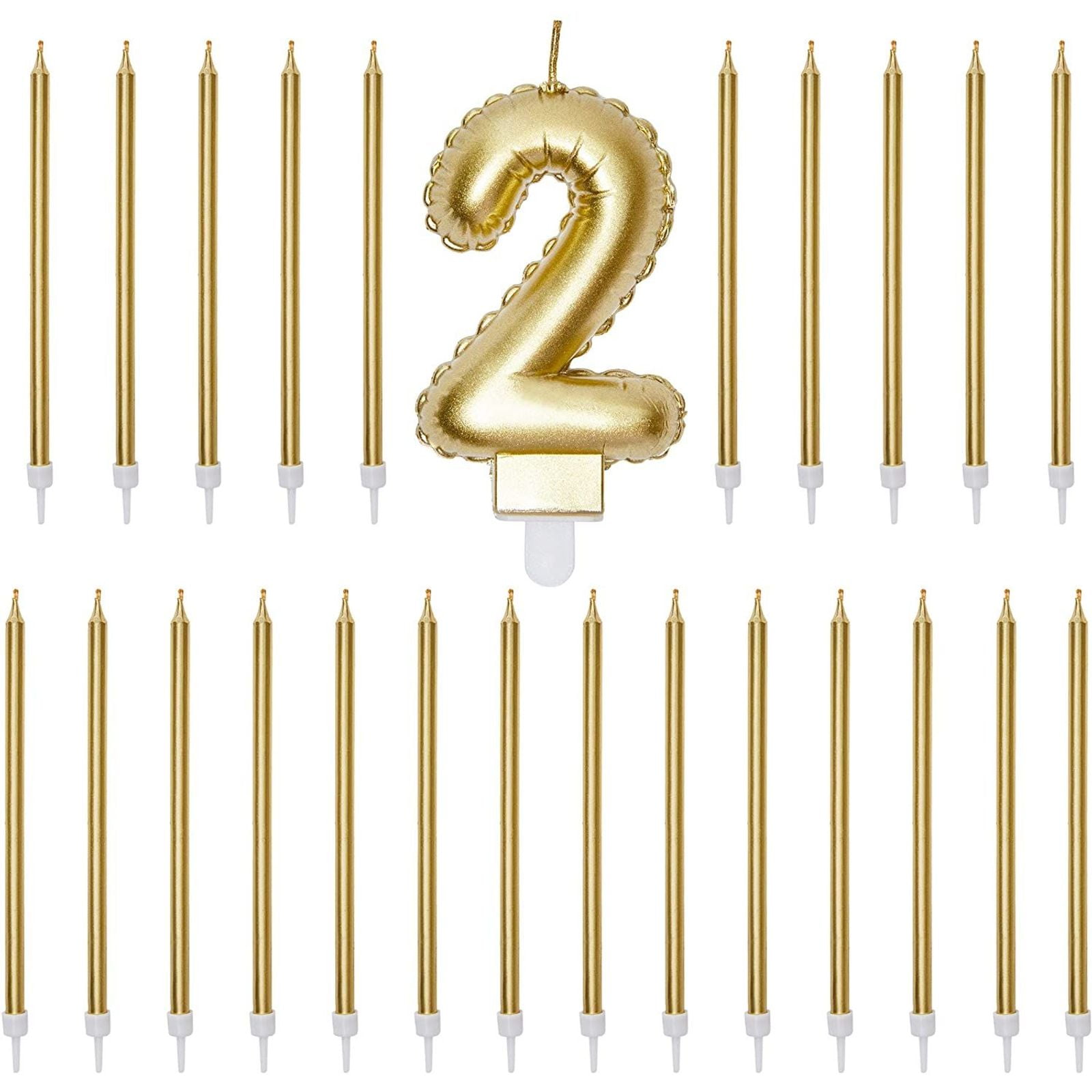 Number 2 Cake Topper with Candles in Holders for 2nd Birthday (Gold, 25 ...