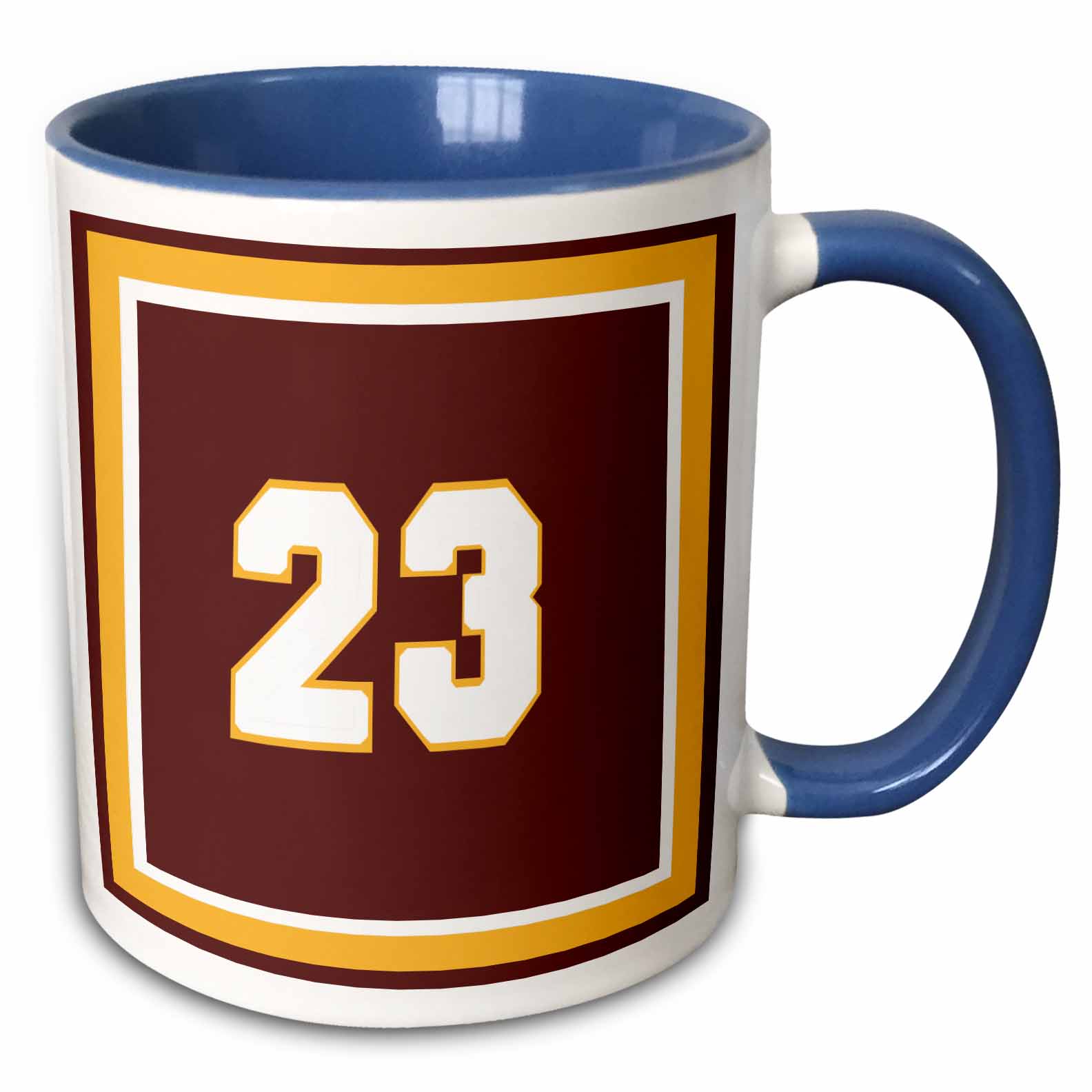 Number 23 in white trimmed in gold on a maroon background outer trim ...