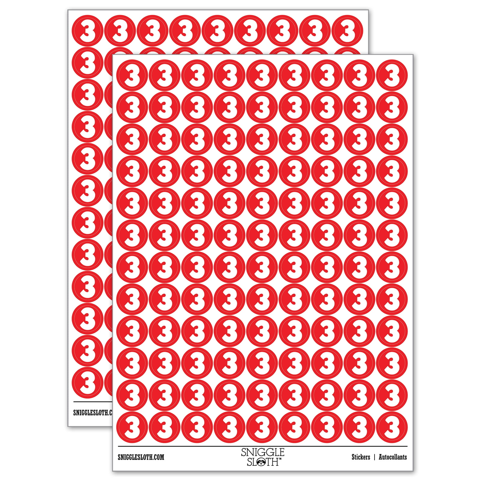 Number 3 Three Fun Bold Font 200+ Round Stickers - Red - Gloss Finish ...