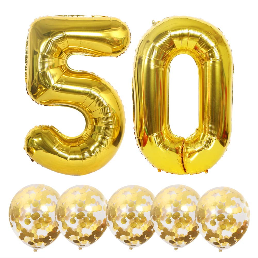 Number 50 and Gold Confetti Balloons, 40 Inch Gold Number 50 Balloon ...