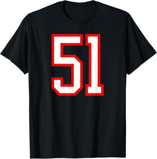 Number #51 White Red Sports Jersey Birthday Lucky Number 51 T-Shirt ...