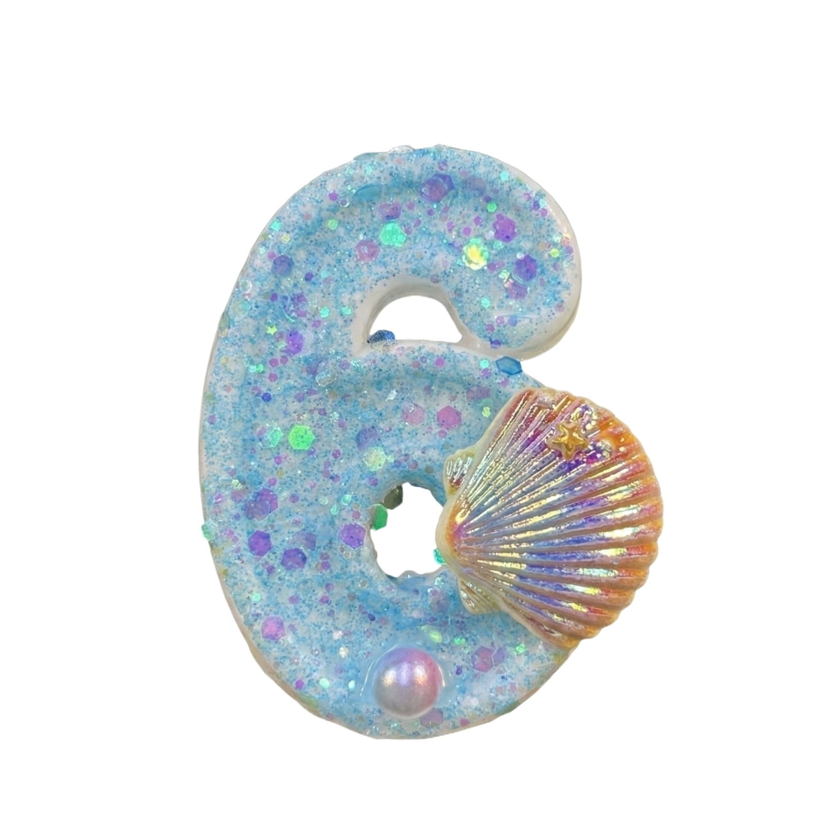Number 6 Birthday Candle, Ocean Theme Glitter Wax, 3 in Seashell Accent ...