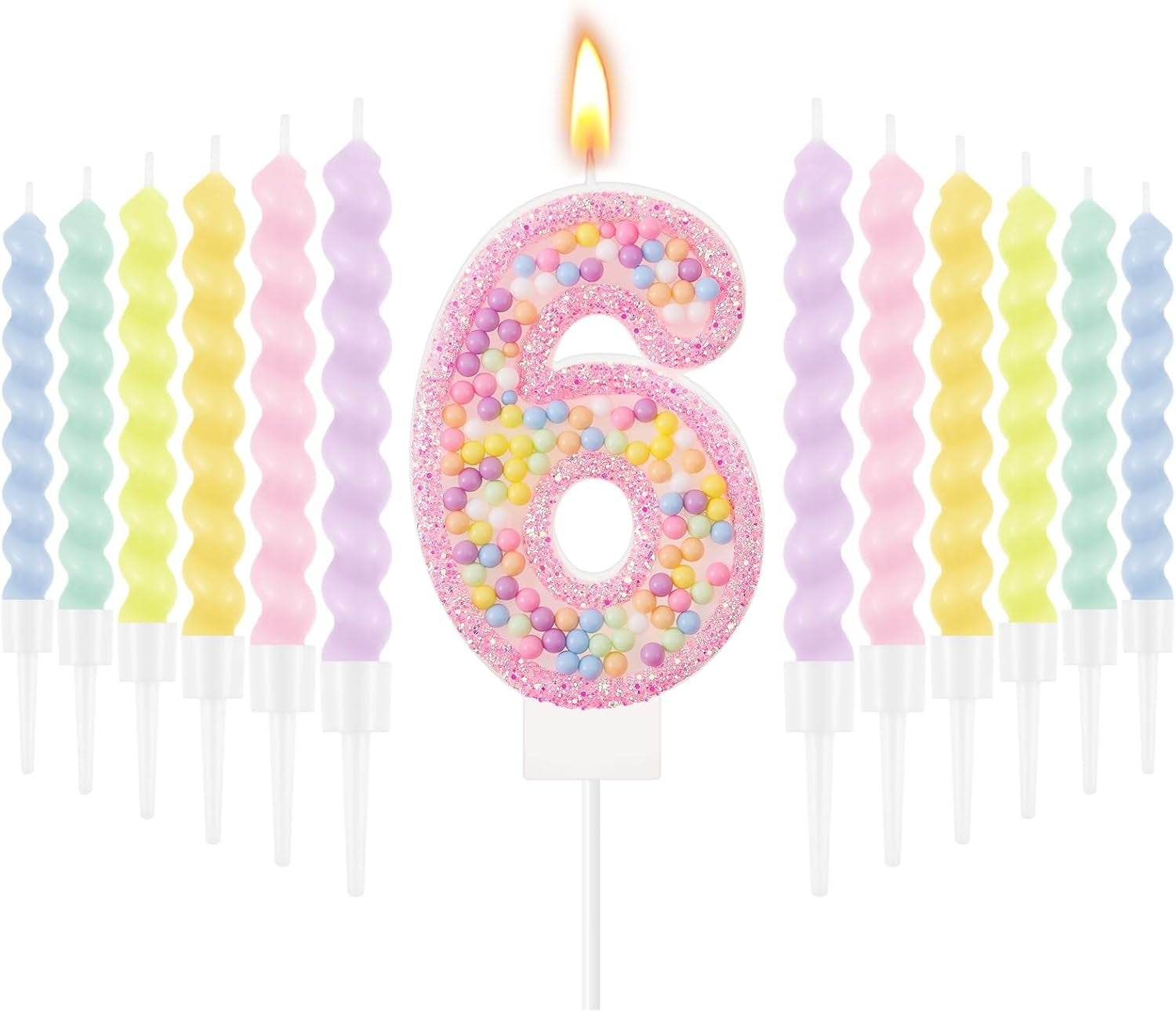 Number 6 Birthday Candle with 12 Pcs Spiral Candles for Girls Macaron ...