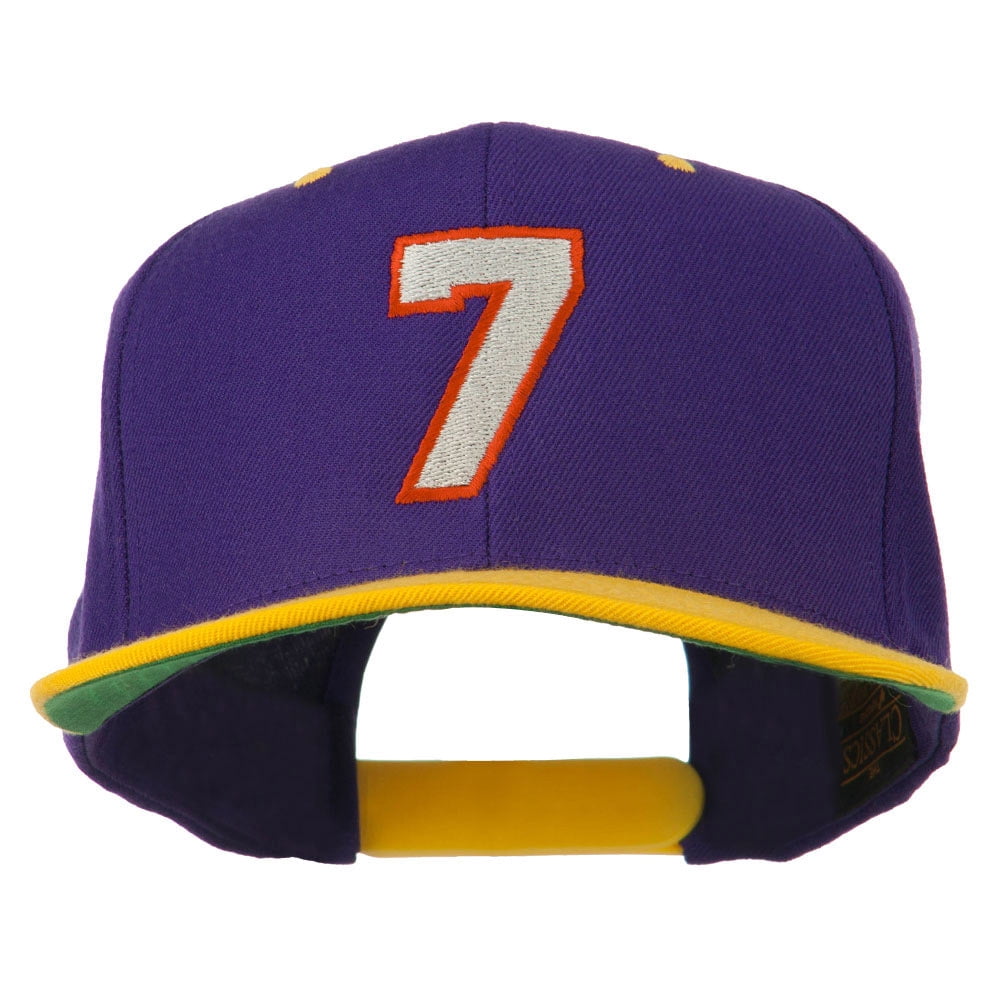 Number 7 Embroidered Classic Two Tone Snapback Cap - Purple Gold OSFM ...