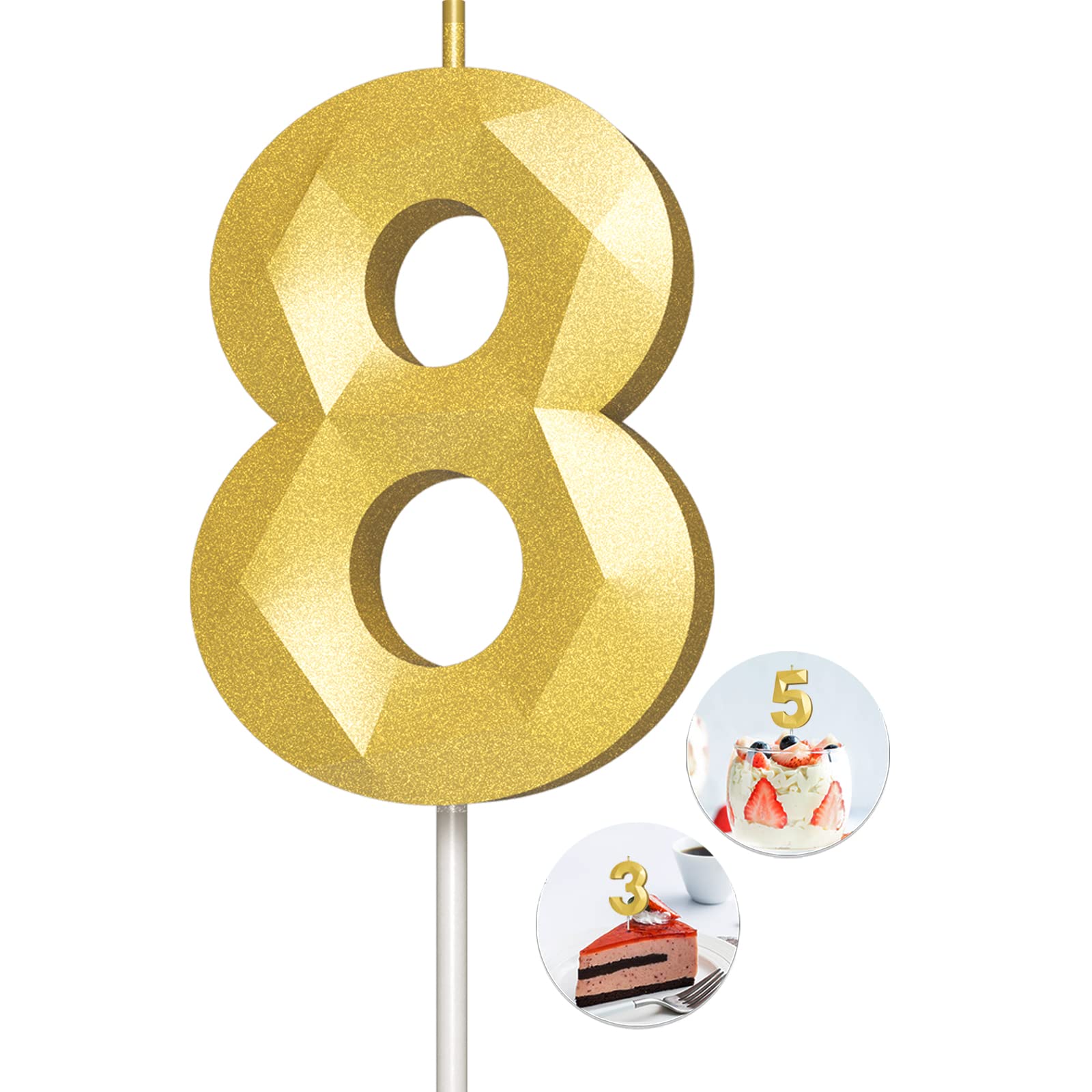 Number Birthday Candles(8 Candle Gold) 3D Diamond Shape Number Happy ...