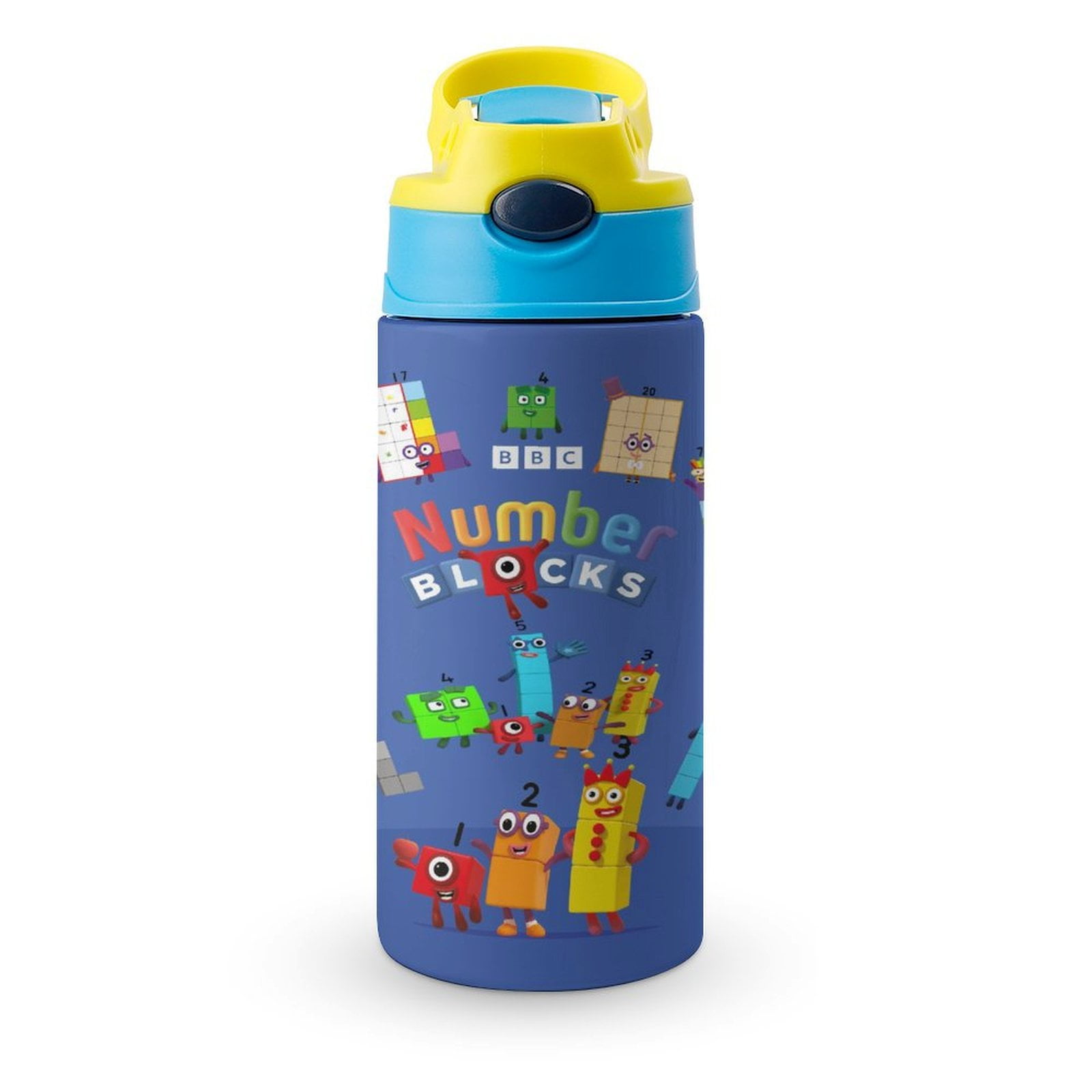 Number Cartoon Show Block Water Bottle with Straw Lid Vacuum Insulated ...