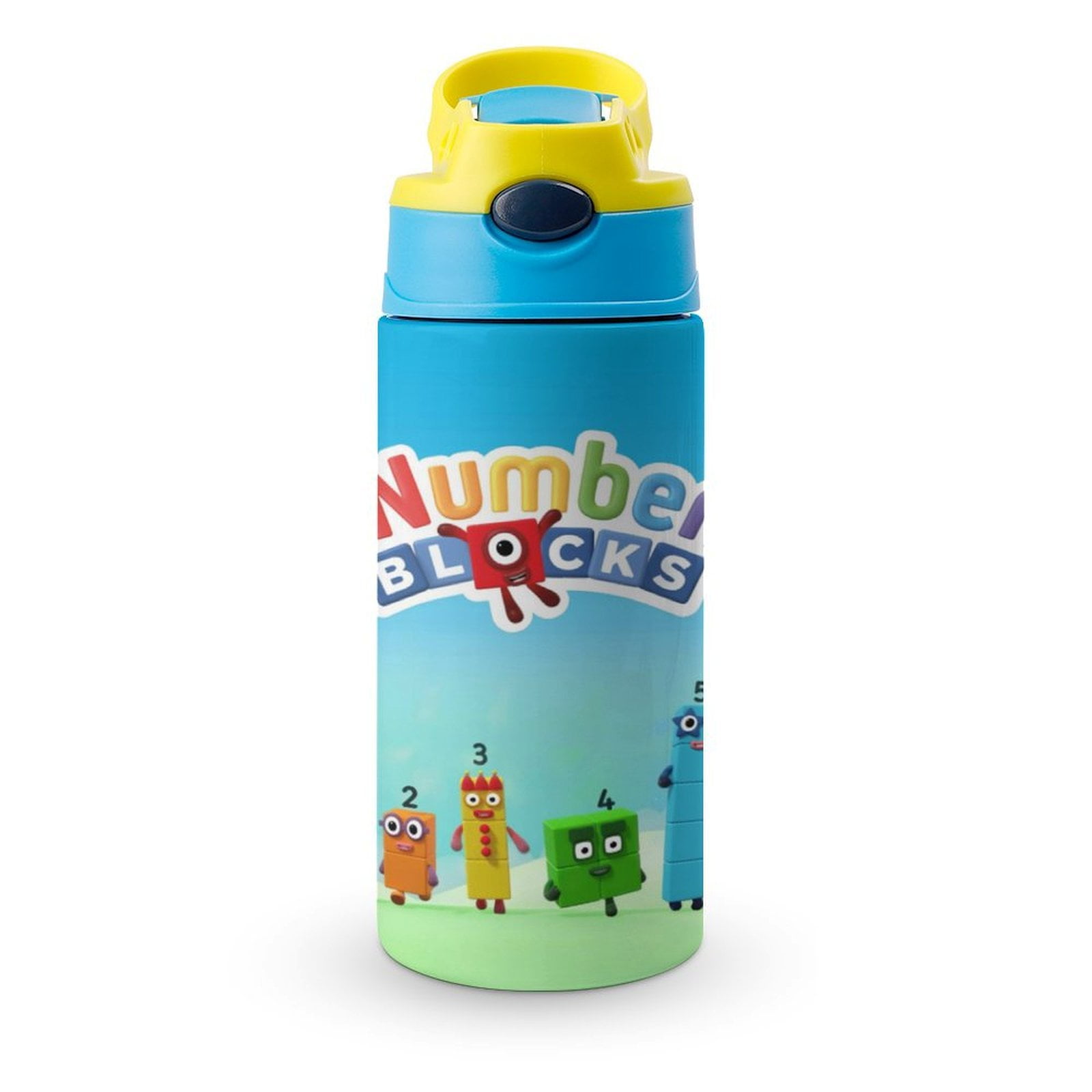 Number Cartoon Show Block Water Bottle with Straw Lid Vacuum Insulated ...