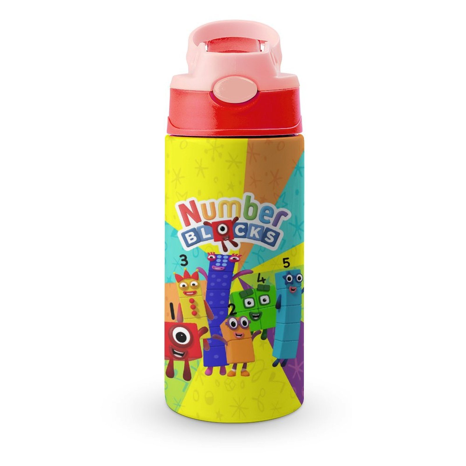 Number Cartoon Show Block Water Bottle with Straw Lid Vacuum Insulated ...
