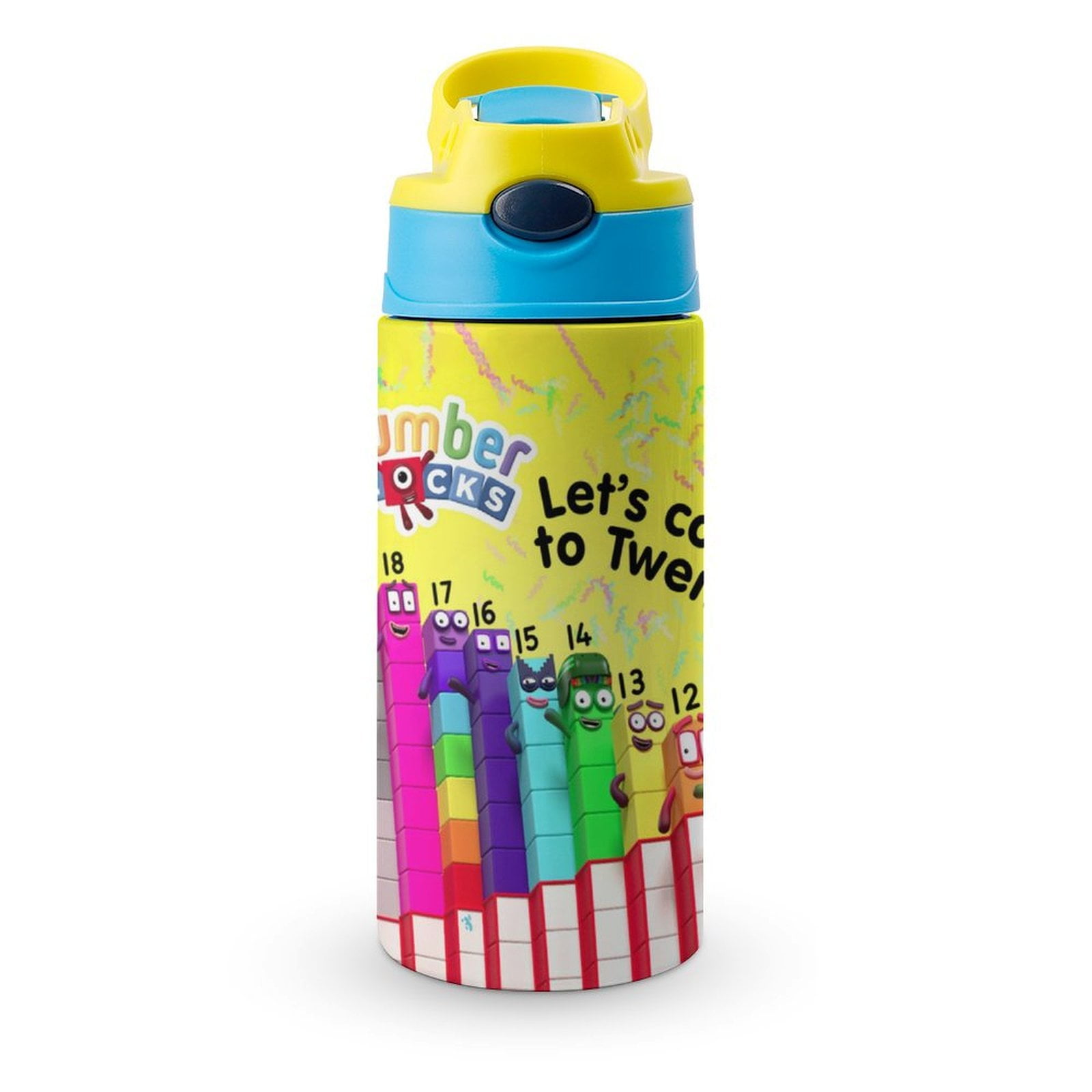 Number Cartoon Show Block Water Bottle with Straw Lid Vacuum Insulated ...