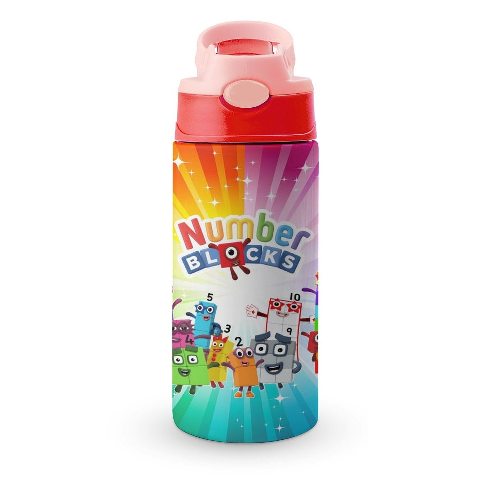 Number Cartoon Show Block Water Bottle with Straw Lid Vacuum Insulated ...